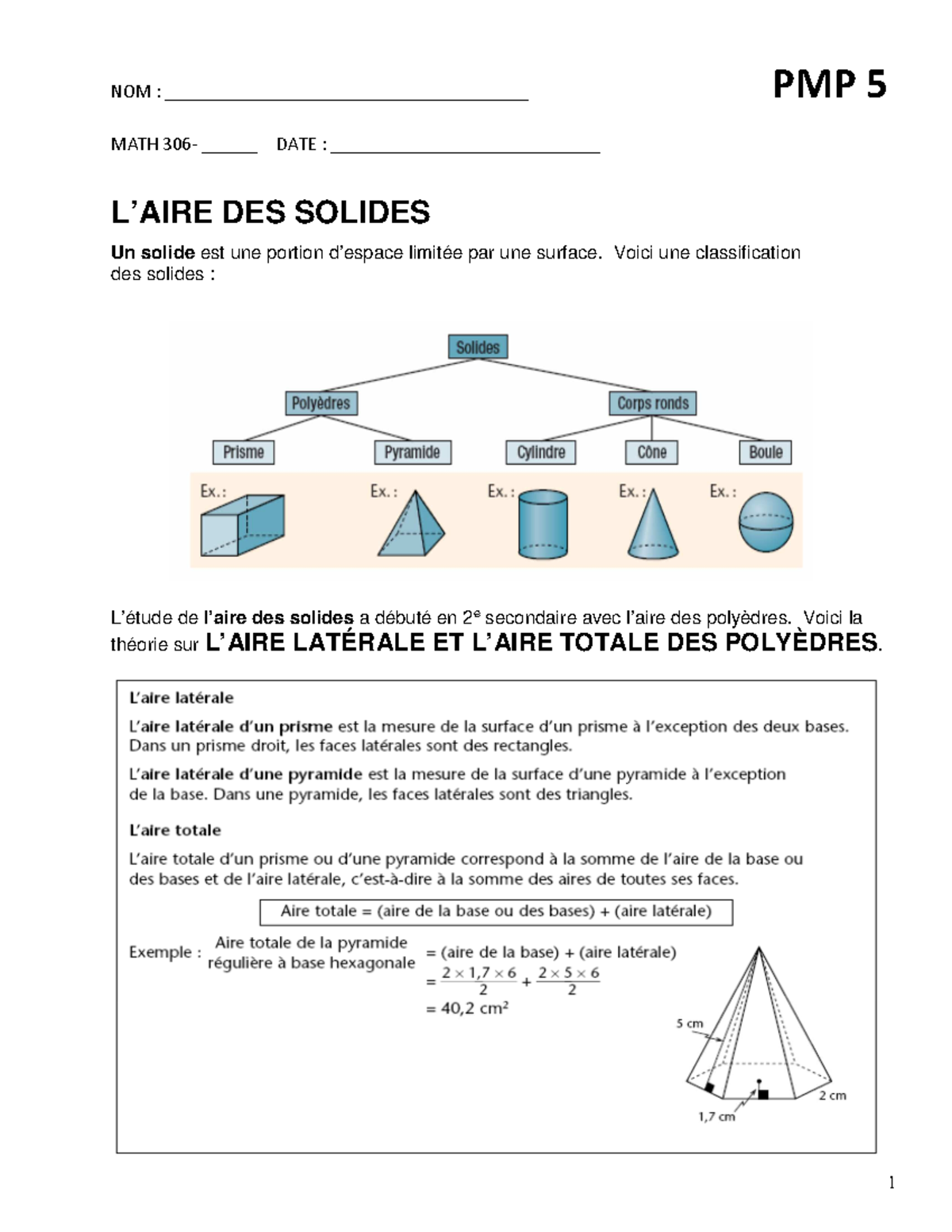 Ch5 - MATH 306 - Aire des Solides: Formules et Calculs - Studocu