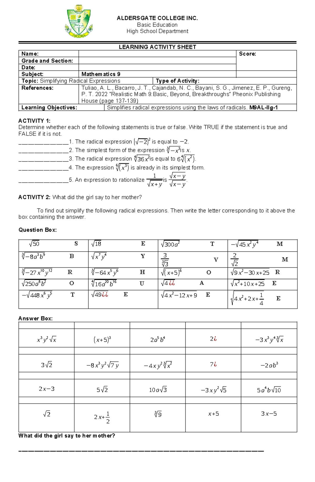 LAS-Simplifying Radical Expressions for Math 9 - Studocu