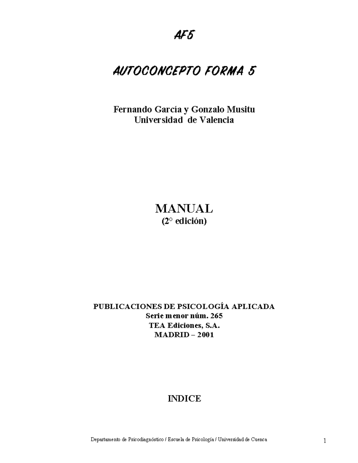 AF5 - Manual de la Escala de Autoconcepto Forma 5 - Studocu