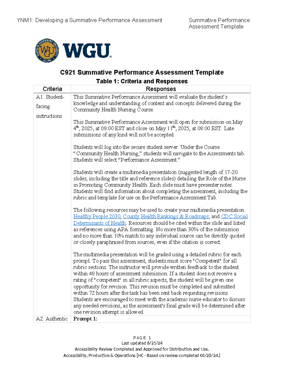YNM1: Summative Performance Assessment for Community Health Nursing - Studocu