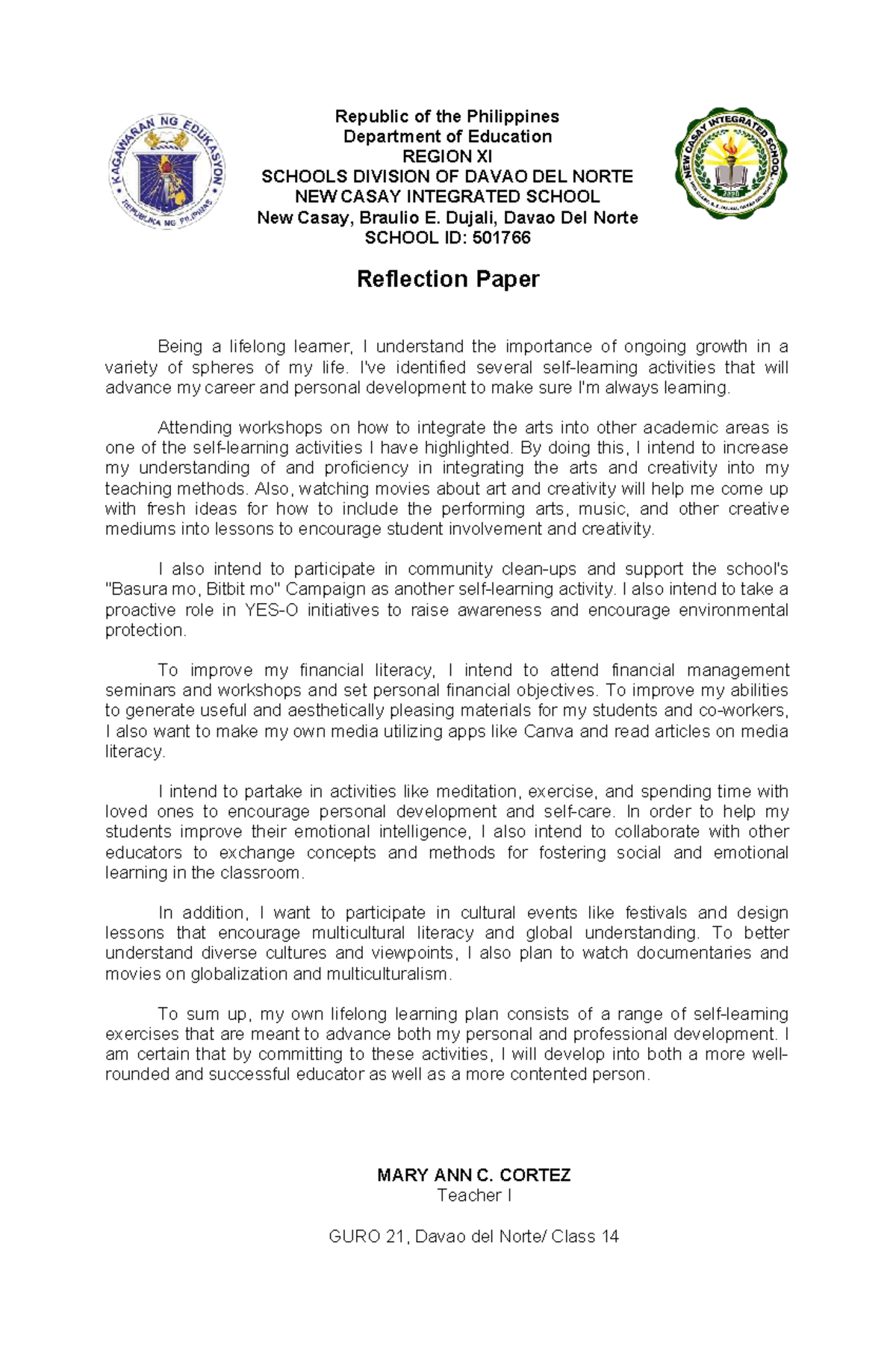 Reflection Paper on Lifelong Learning Plan - GURO 21 Class 14 - Studocu