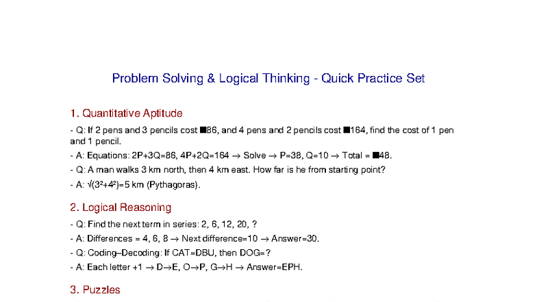 Problem Solving & Logical Thinking Practice Set 1: Quantitative ...
