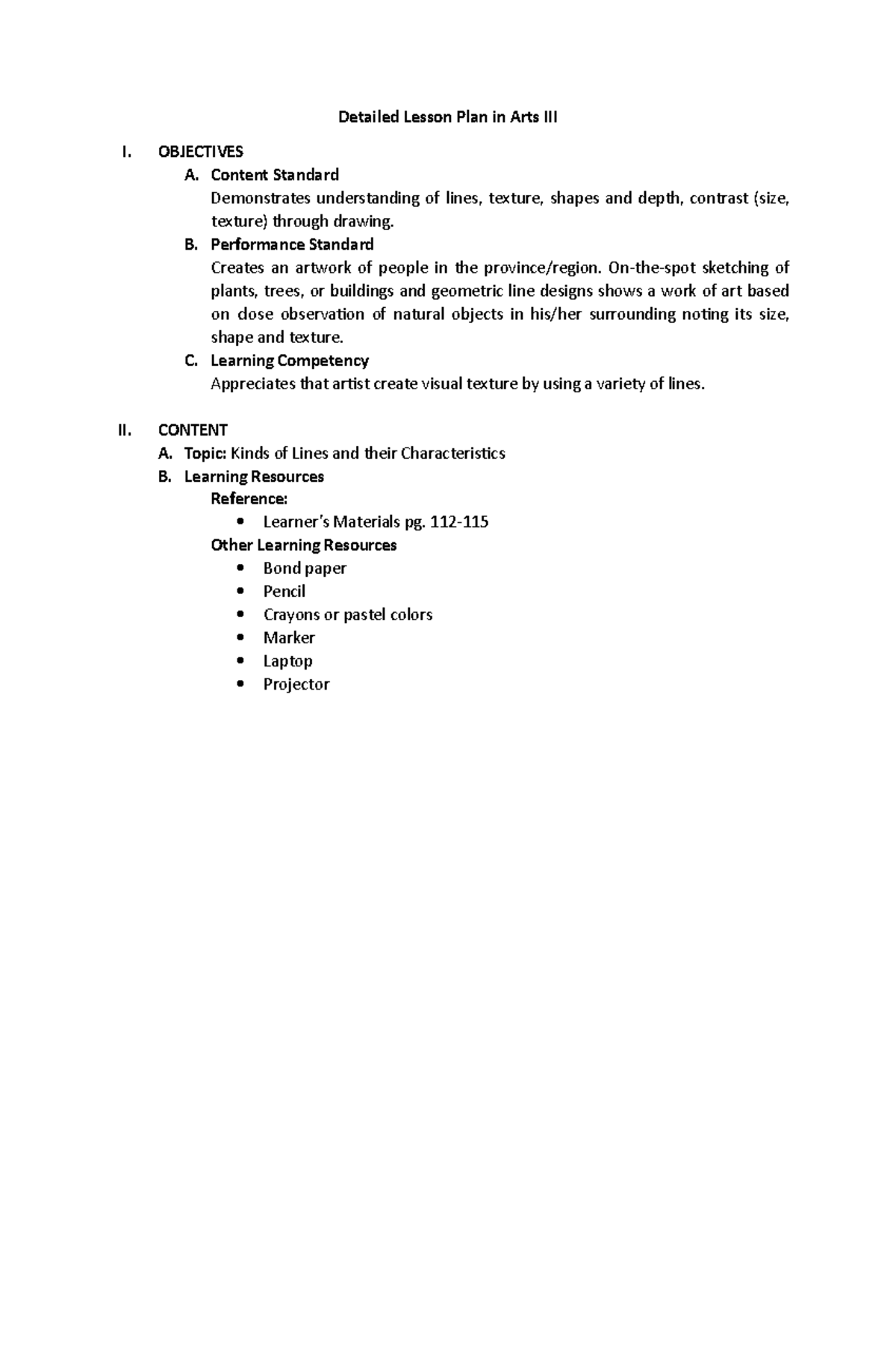 Arts III Detailed Lesson Plan: Exploring Lines and Their Techniques ...