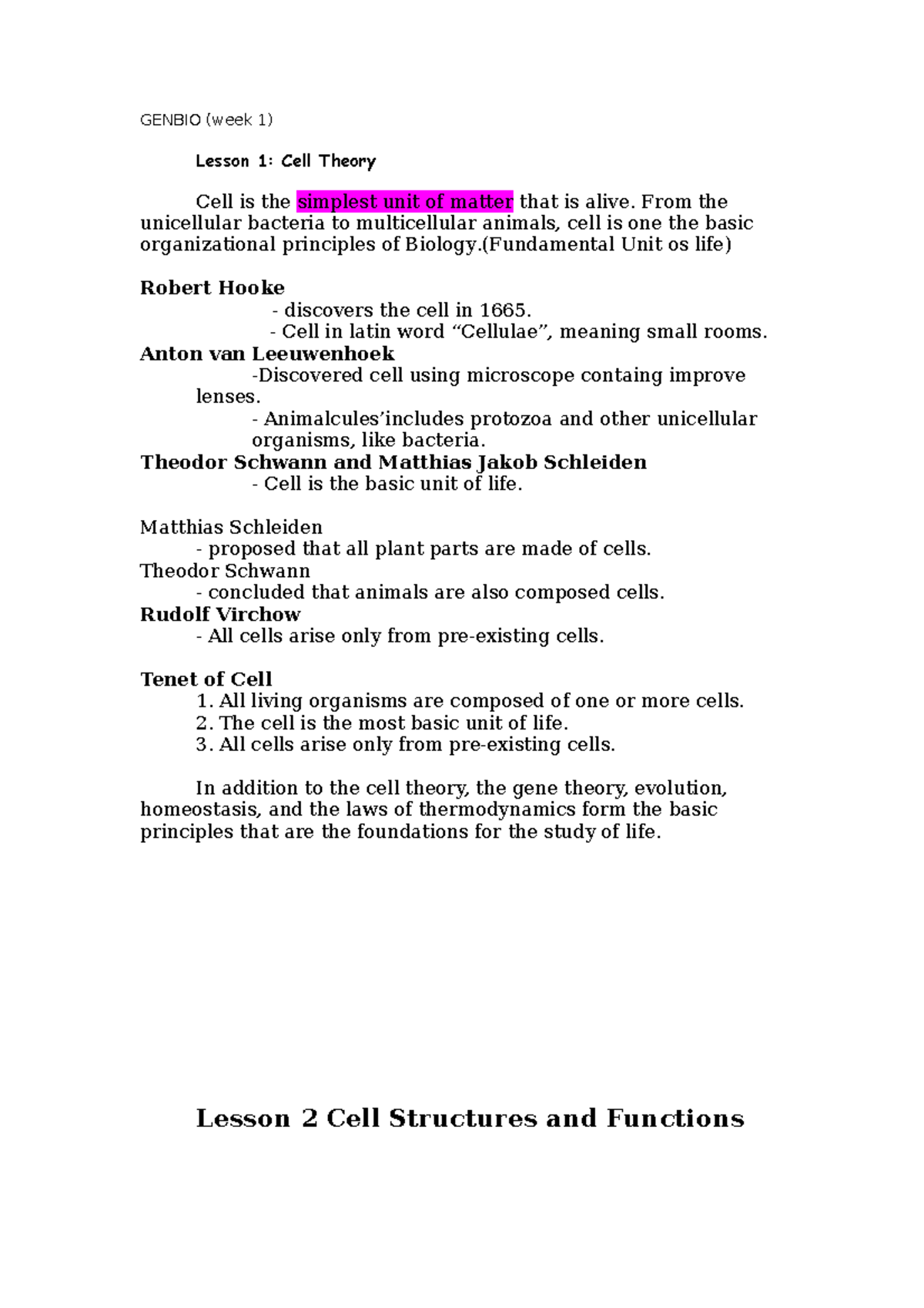 Genbio Notes Week 1-3 (Cell Theory, Structures, and Types) - Studocu