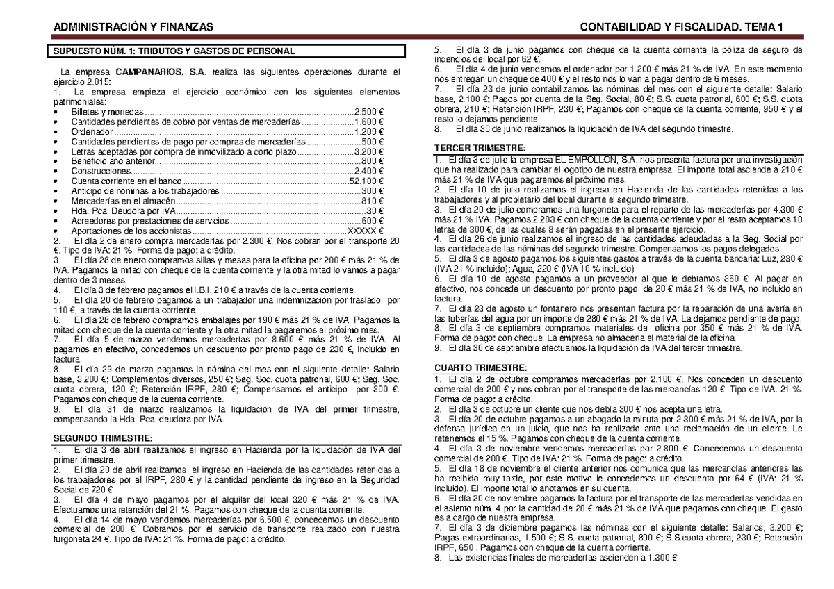 ADMINISTRACIÓN Y FINANZAS: SUPUESTO NÚM. 1 - TRIBUTOS Y GASTOS - Studocu
