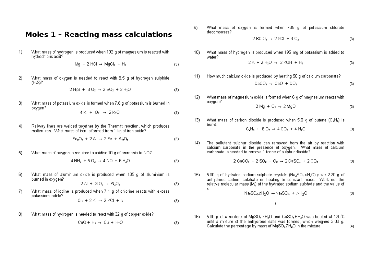Moles (Chem 101) - Reacting Mass Calculations & Stoichiometry Questions ...