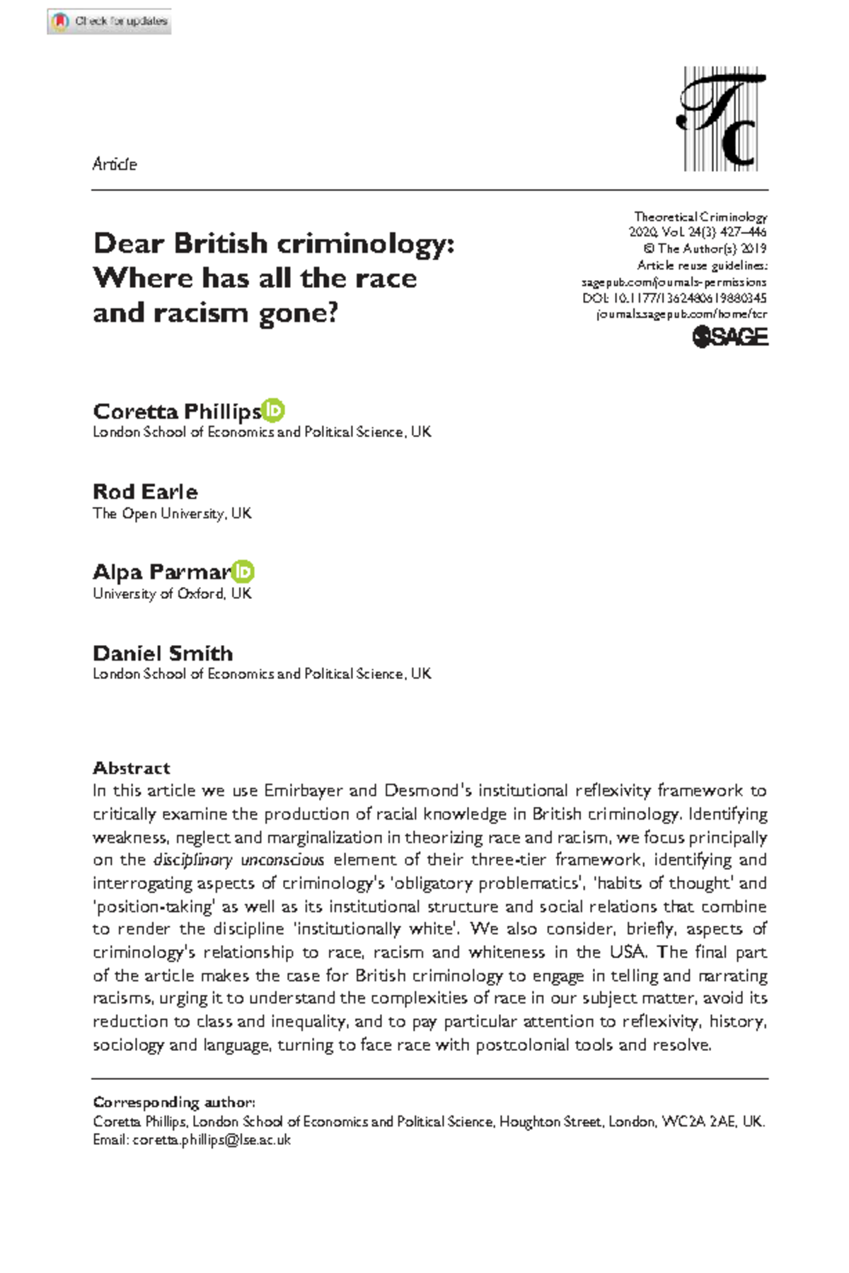 880345 Criminology: Where Has Race and Racism Gone? - Studocu