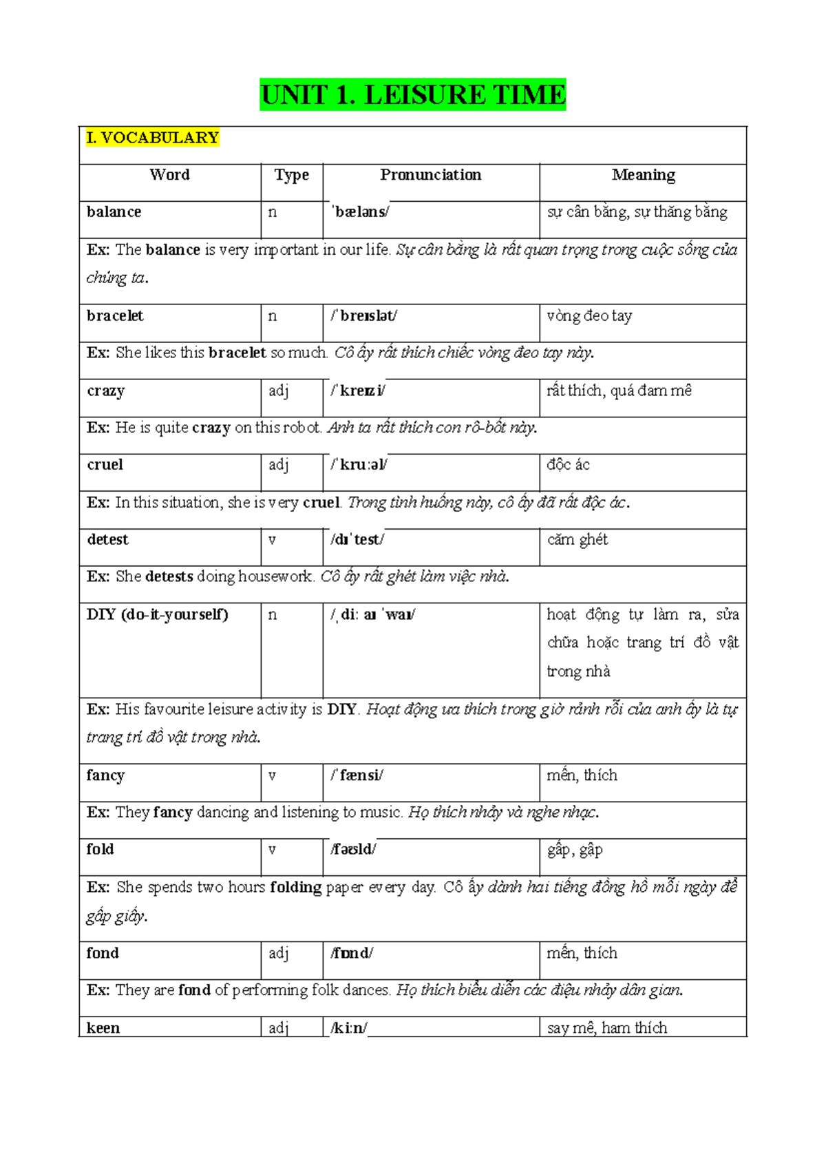 UNIT 1: LEISURE TIME - Vocabulary & Grammar Notes - Studocu
