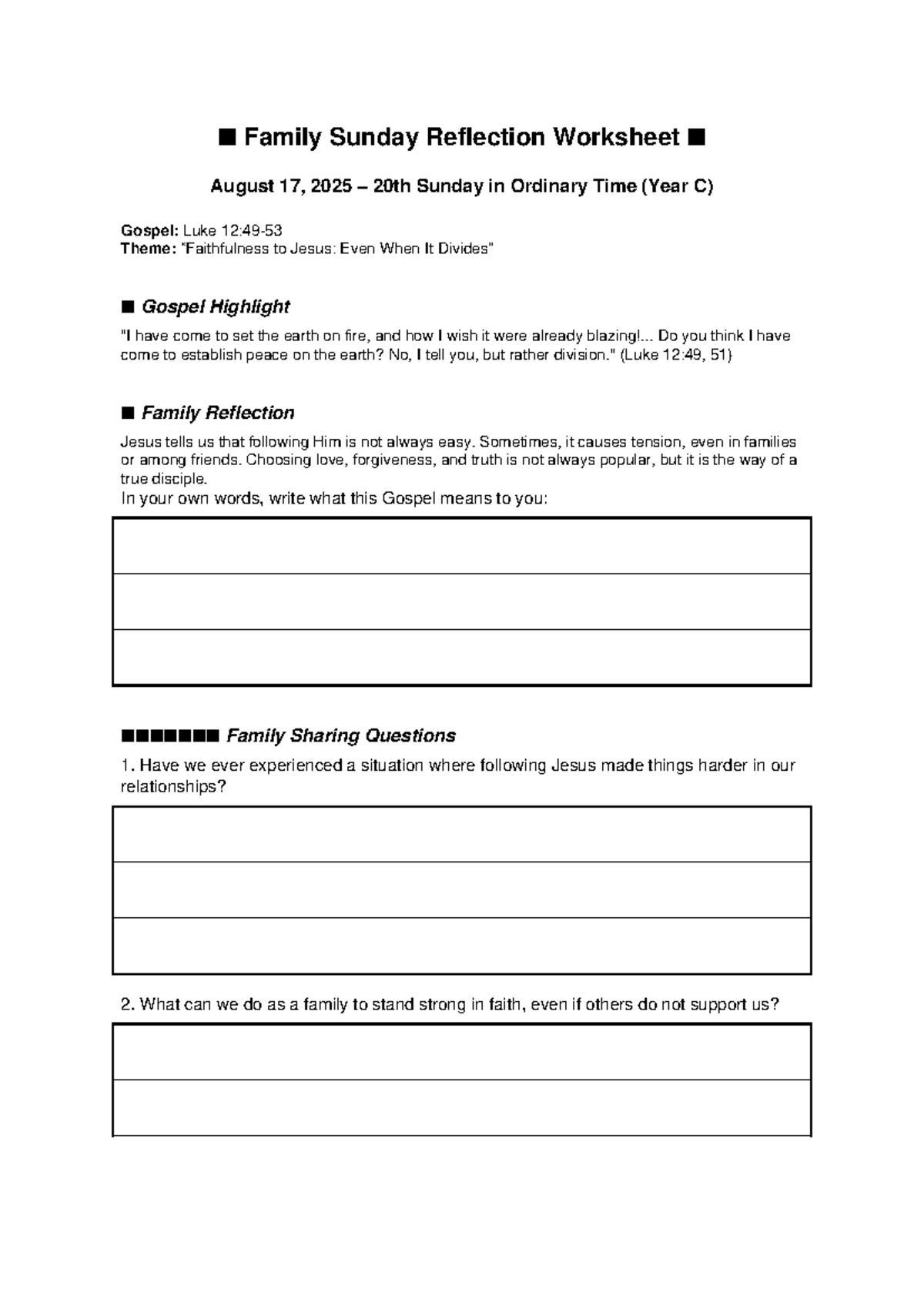 Family Sunday Reflection Worksheet - 20th Sunday in Ordinary Time - Studocu