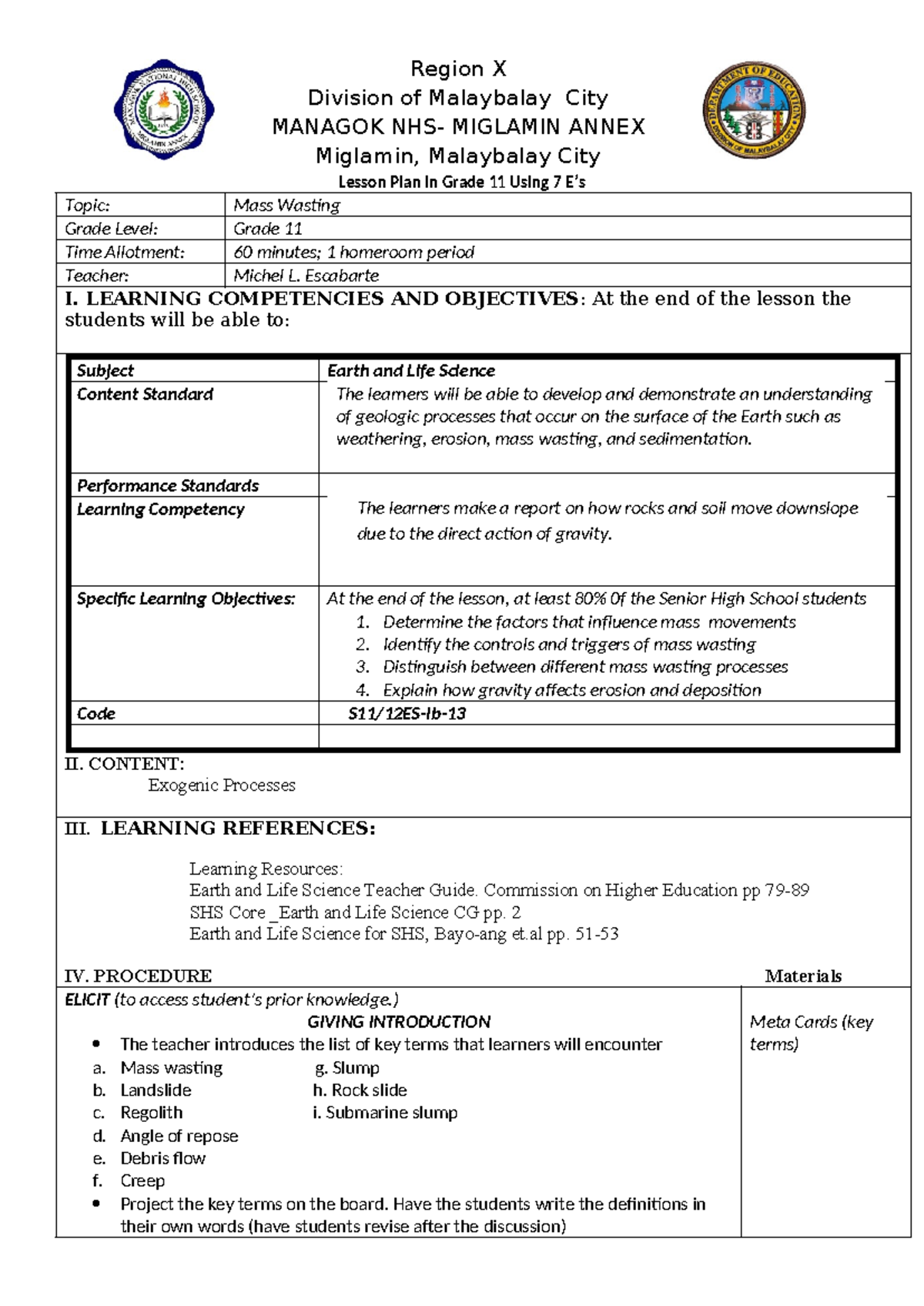Grade 11 Earth Science Lesson Plan: Mass Wasting Concepts - Studocu