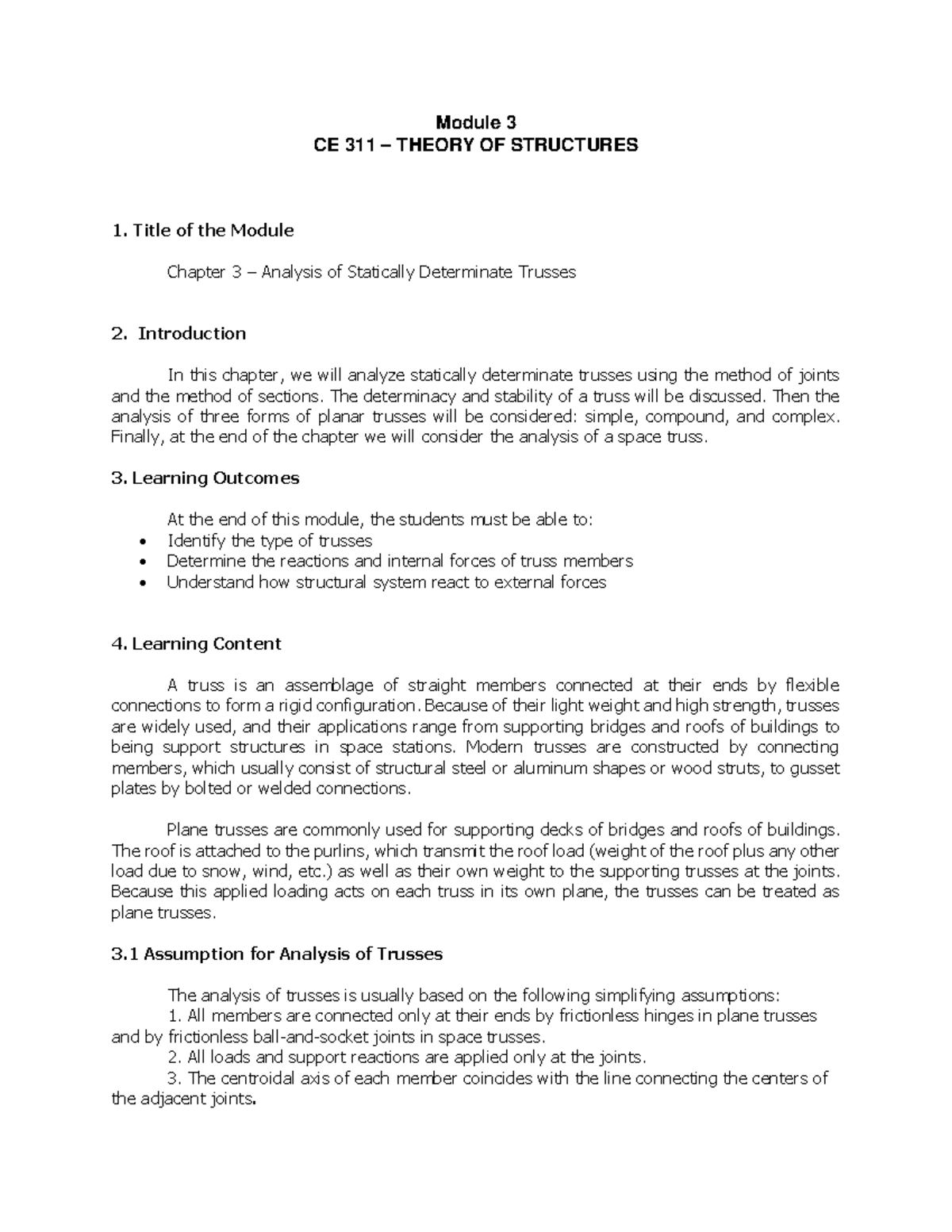 CE 311 - Chapter 3: Analyzing Statically Determinate Trusses - Studocu