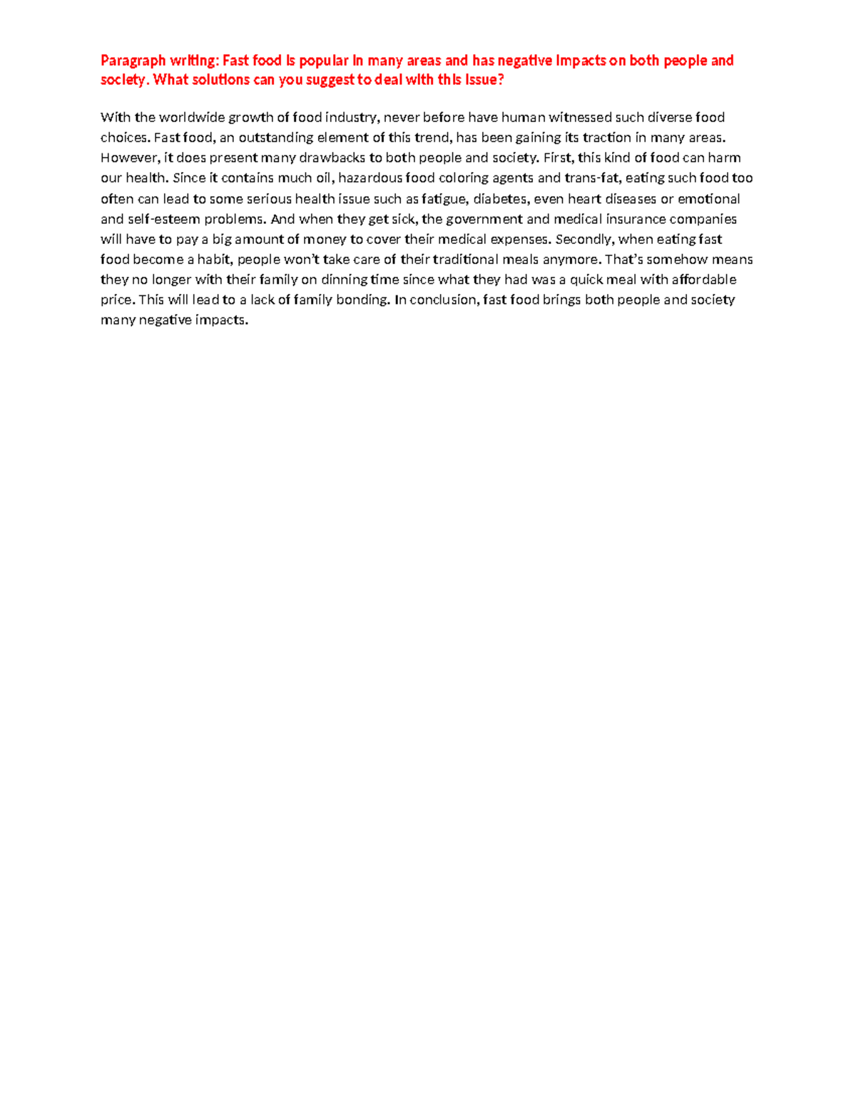 Fast Food's Negative Impacts and Suggested Solutions: Essay Notes - Studocu