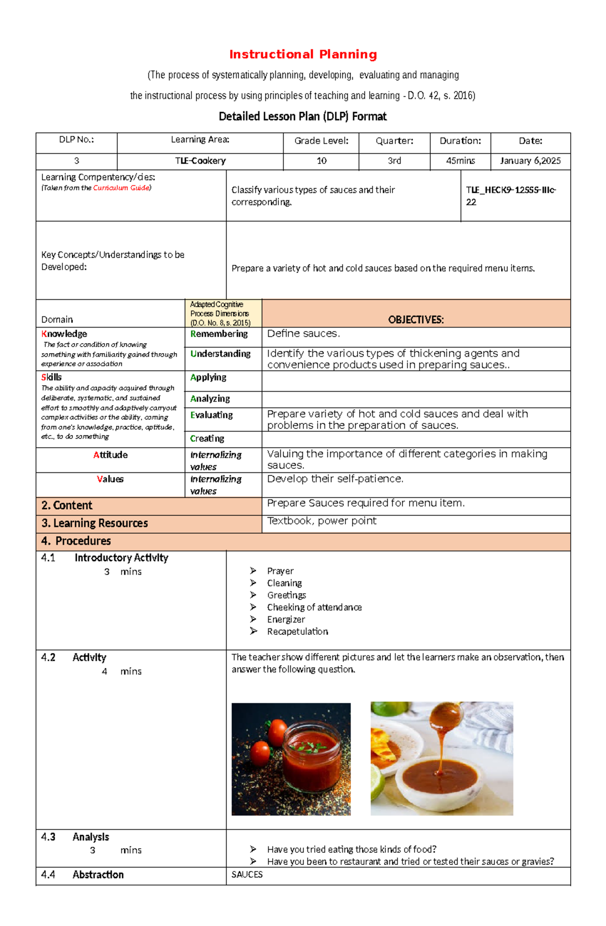 DLP TLE10: Detailed Lesson Plan on Sauces for Cookery - Studocu