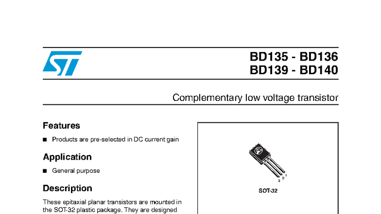 BD135 BD136 BD139 BD140 Transistor Datasheet Overview - Studocu