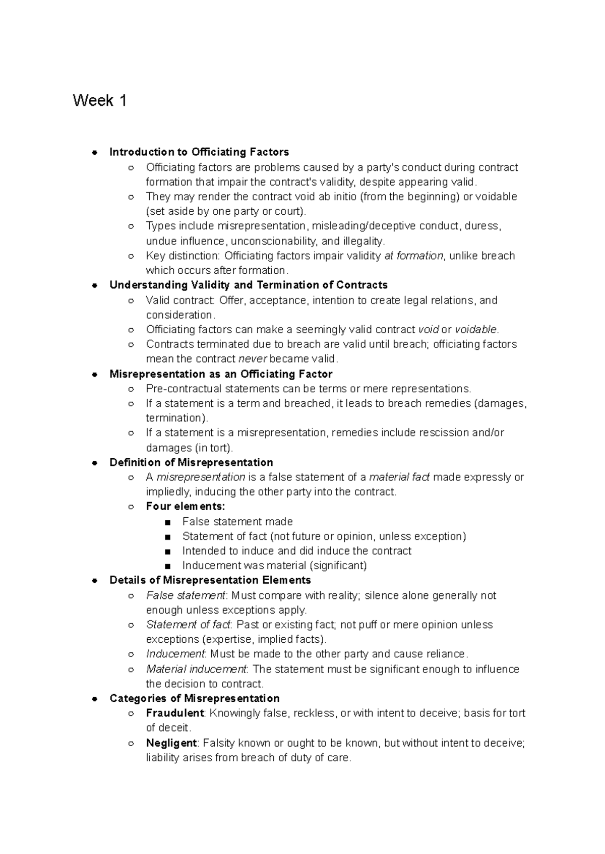 Contract Law 2: Week 1 Notes on Officiating Factors and ...