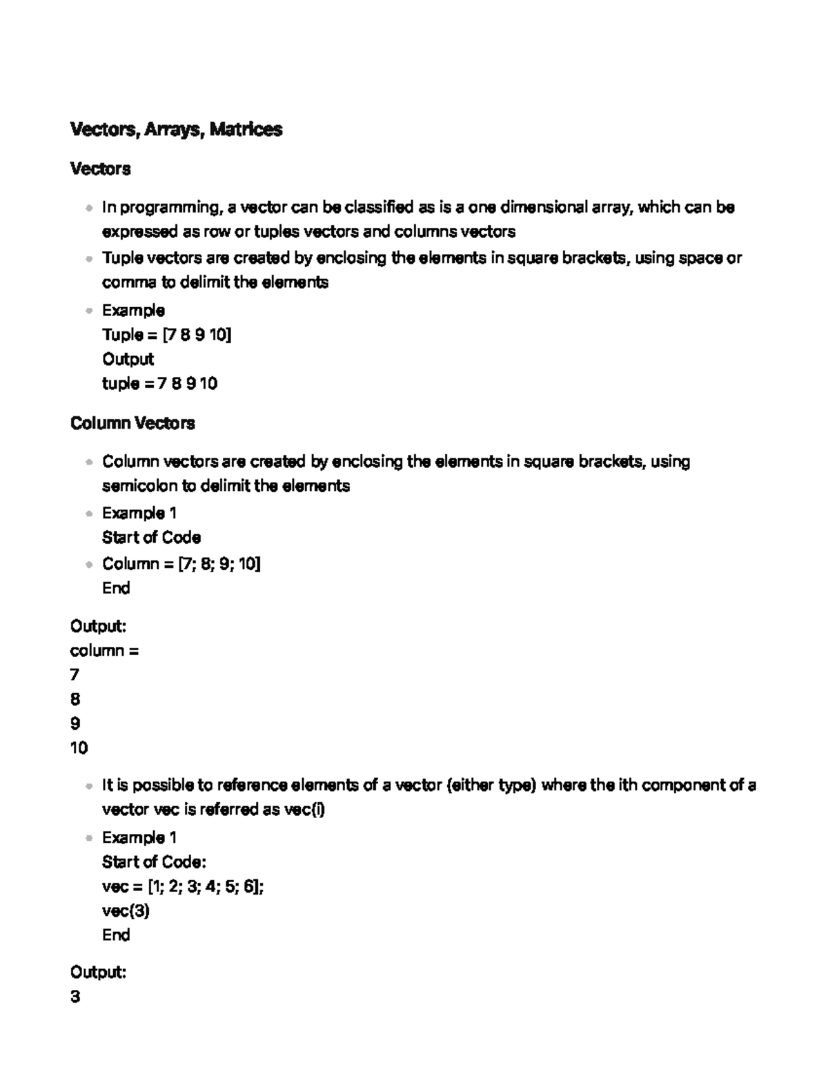 Vectors, Arrays, Matrices - Vectors, Arrays, Matrices Vectors In programming, a vector can be ...