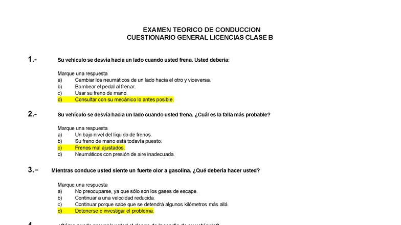 Cuestionario General Licencias Clase B - Respuestas del Examen Teórico ...