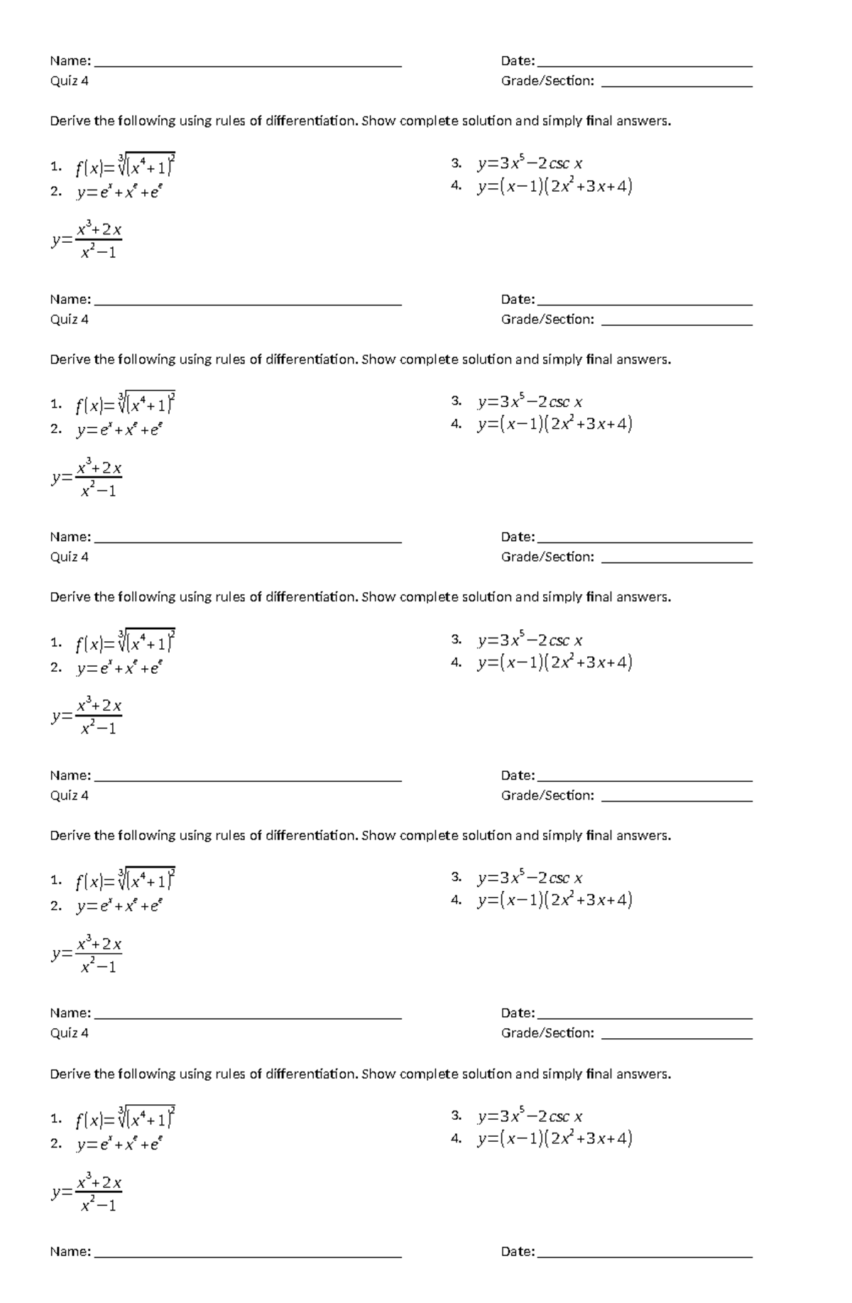 Quiz 4B: Differentiation Rules and Solutions - Studocu
