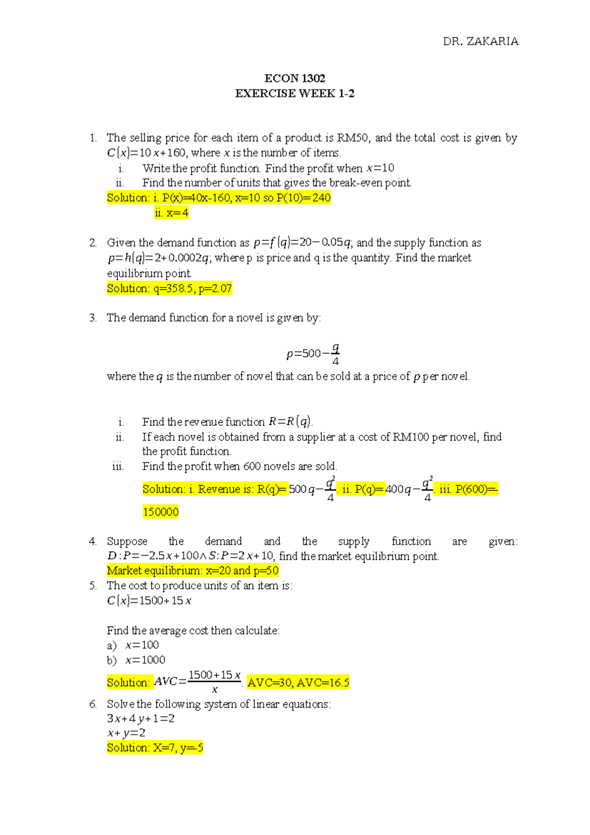 ECON 1302 Week 1 Exercise: Business Math Understanding and Solutions ...