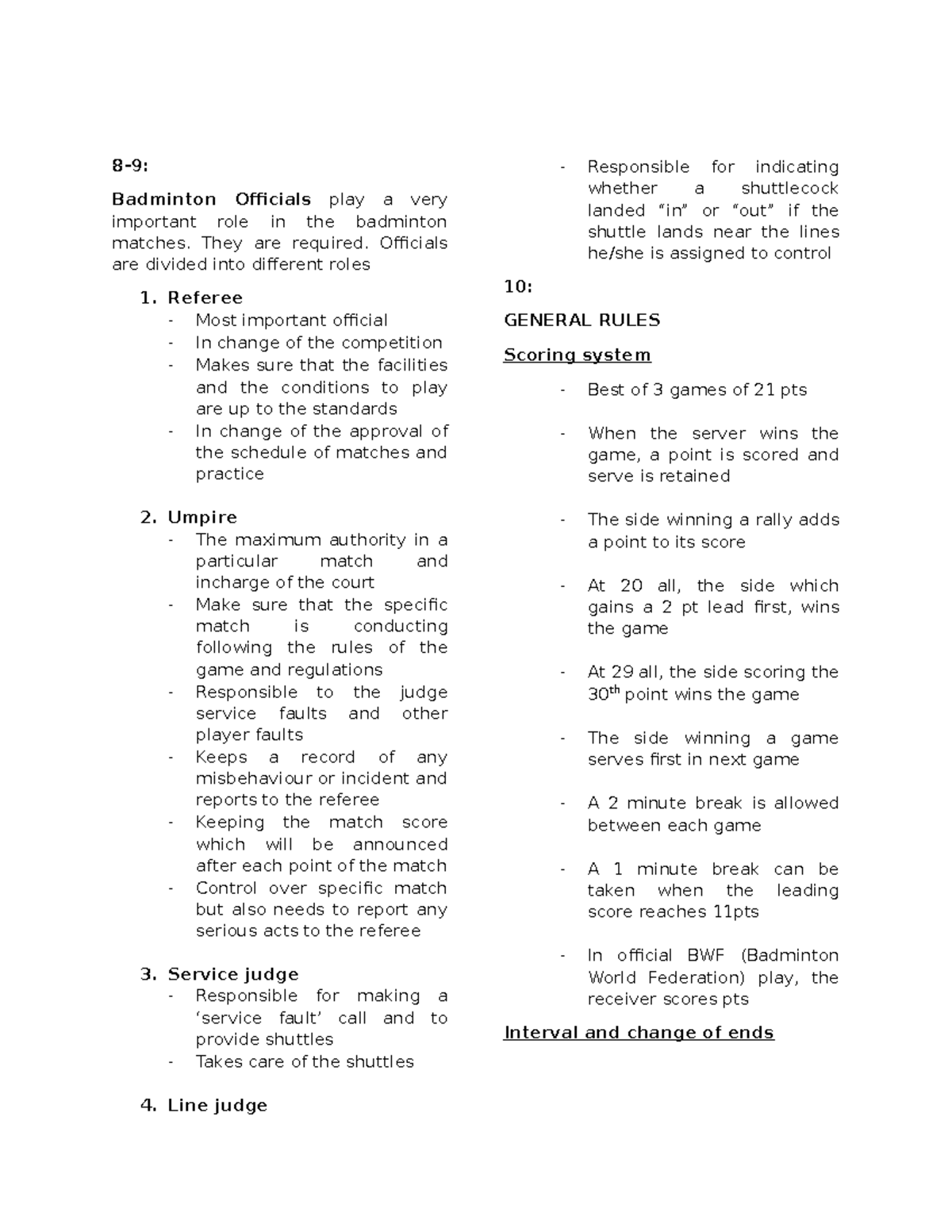 COR 018 Badminton Officials and Rules: 3rd Quarter Exam Notes - Studocu