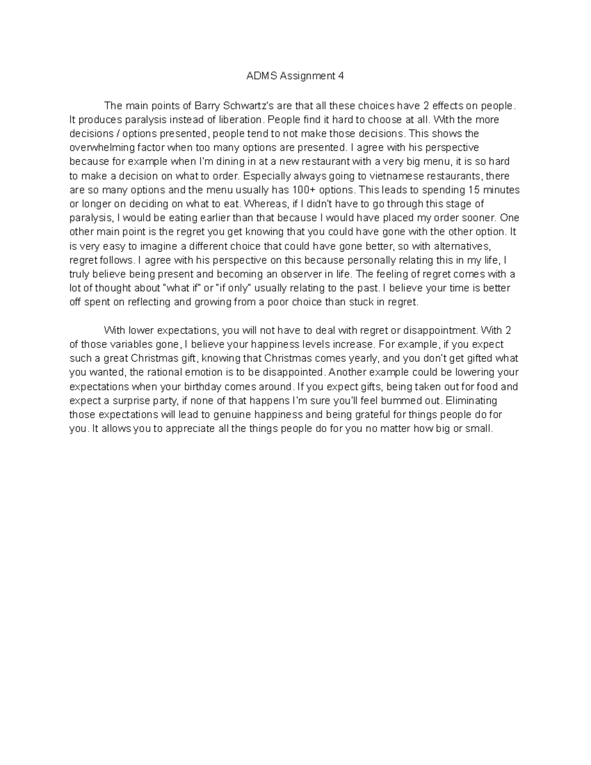 Adms 2400 - assignment 4 - ADMS Assignment 4 The main points of Barry ...