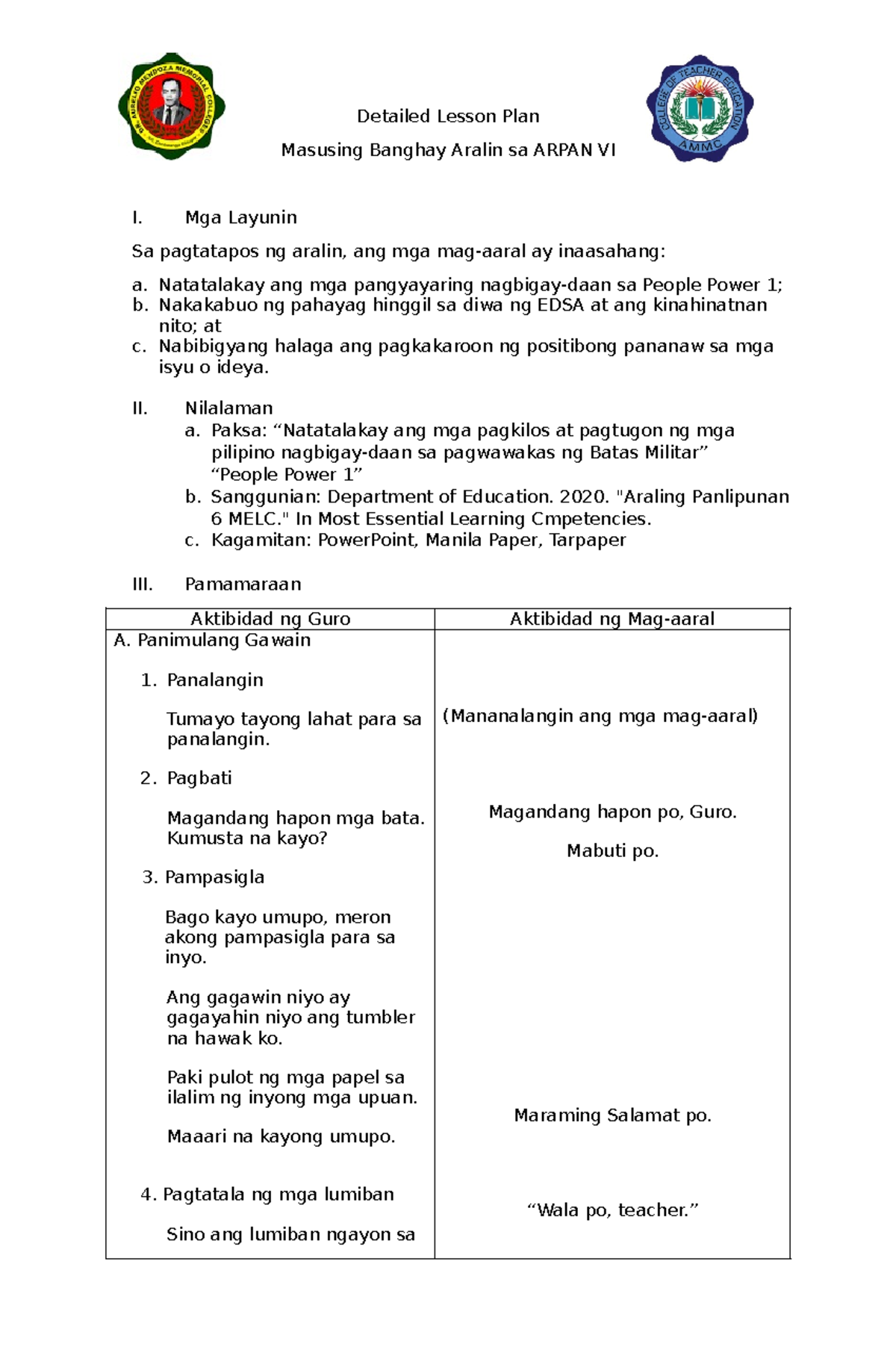 ARPAN VI: Detailed Lesson Plan on People Power Revolution - Studocu