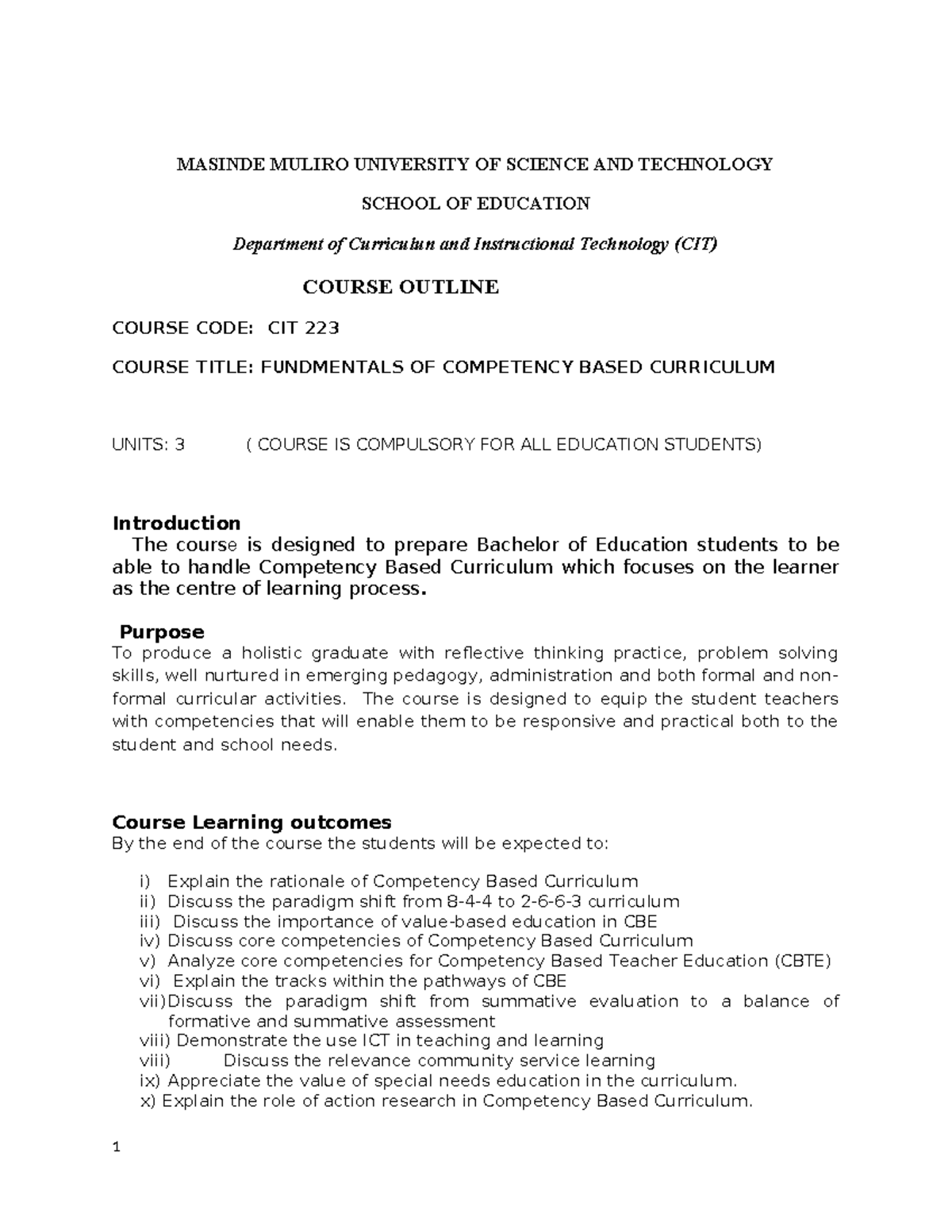 CIT 223 Course Outline: Fundamentals of Competency Based Curriculum ...