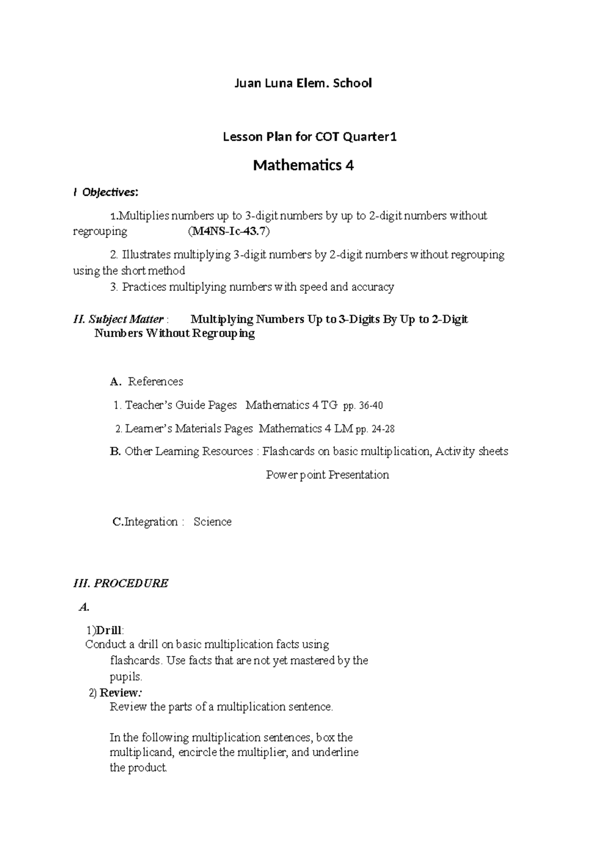 COT Q1 Math 4 - Lesson Plan for Multiplying 3-Digit Numbers - Studocu