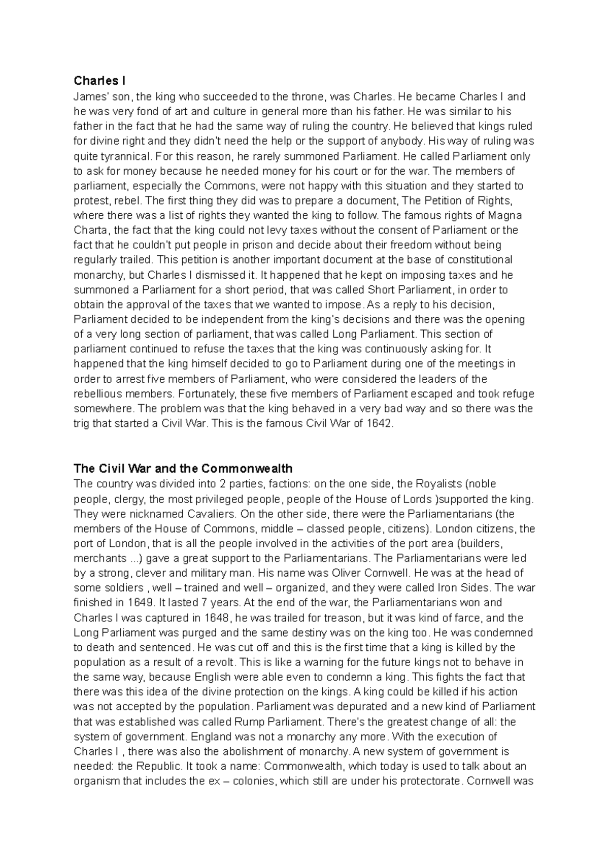 Charles I and the English Civil War - Appunti letteratura inglese - Studocu