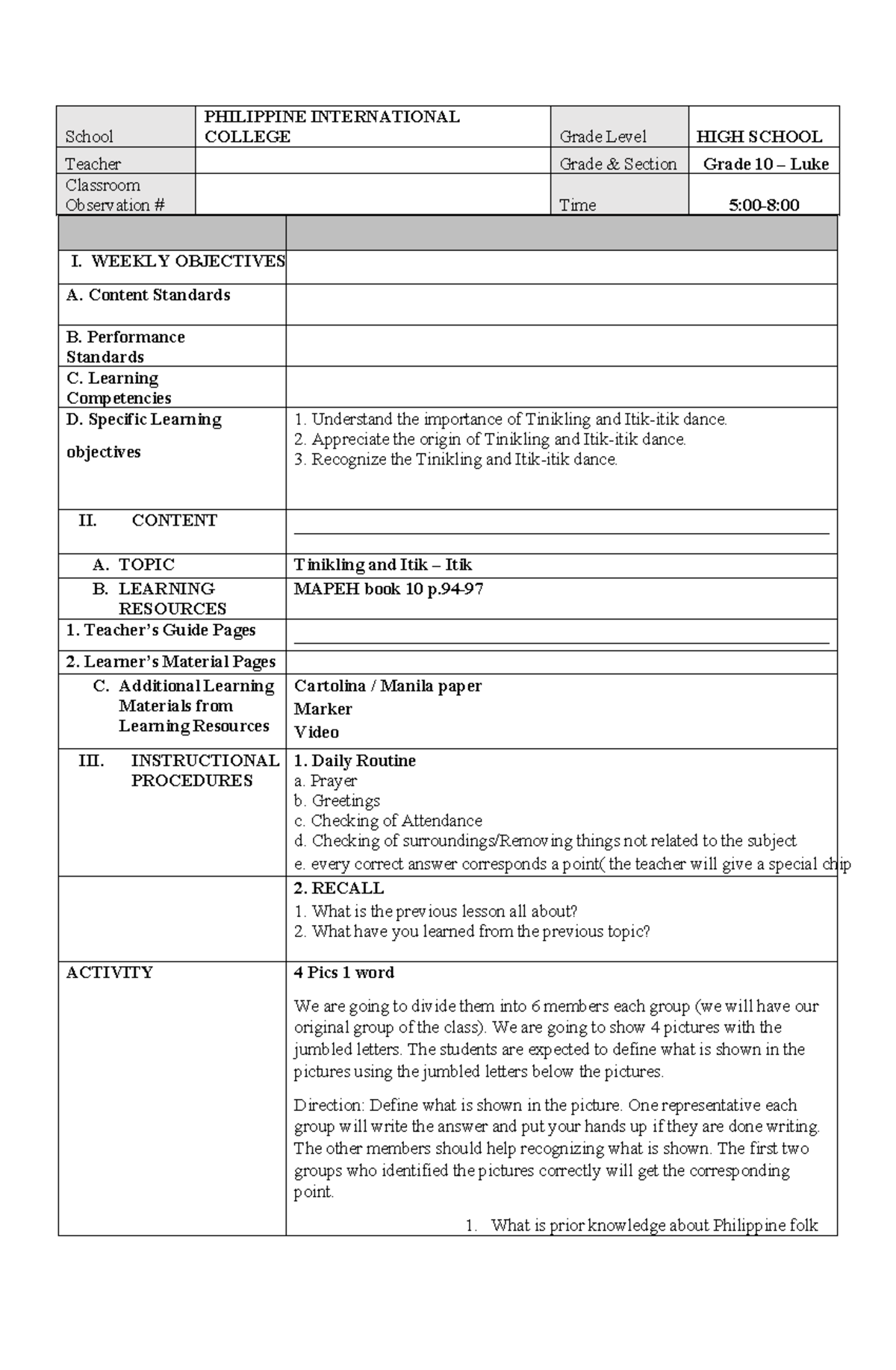 Grade 10 MAPEH Lesson Plan: Tinikling & Folk Dance Activities - Studocu