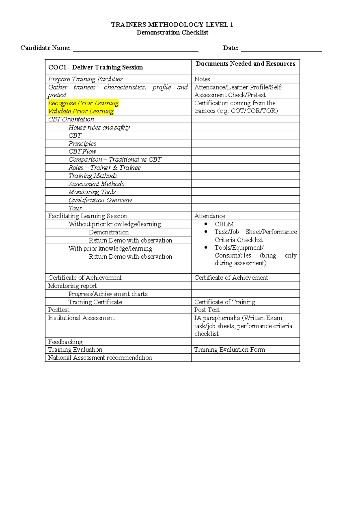 TM1 Demo Checklist withdocumentsneeded - TRAINERS METHODOLOGY LEVEL 1 ...
