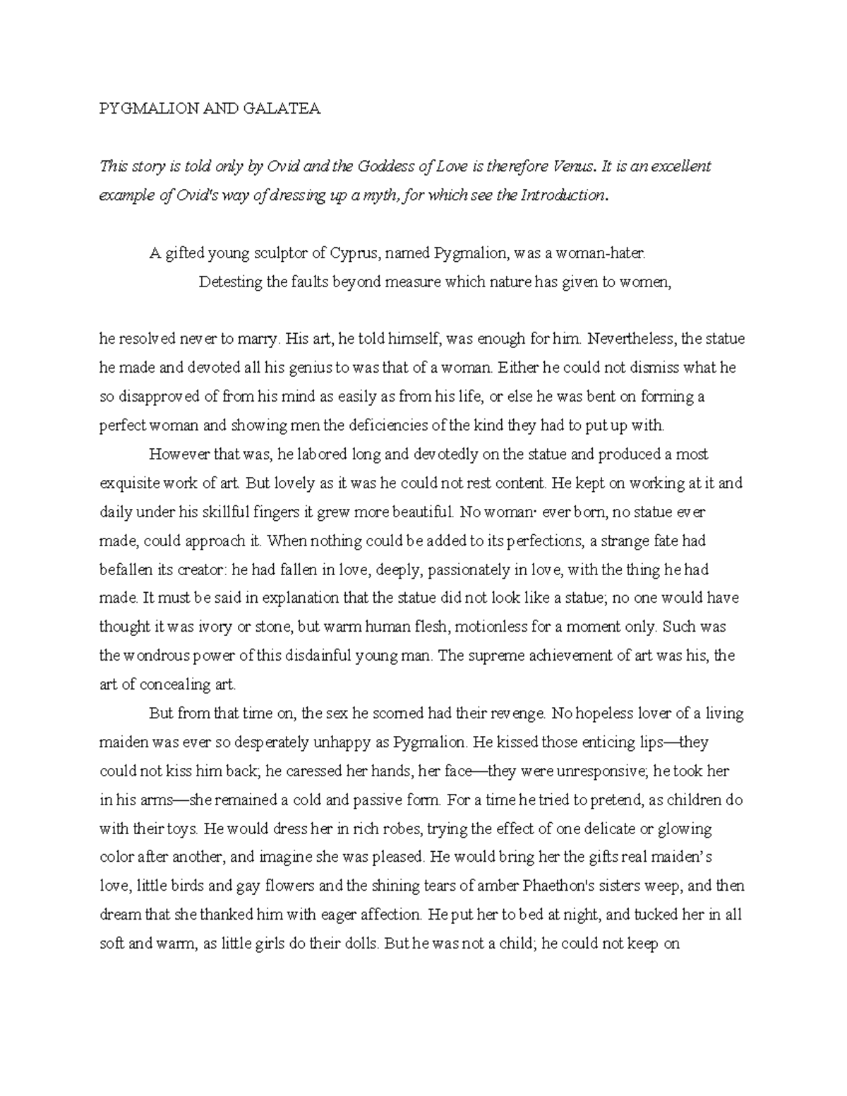 PYG 101: Pygmalion and Galatea - Summary and Analysis Notes - Studocu