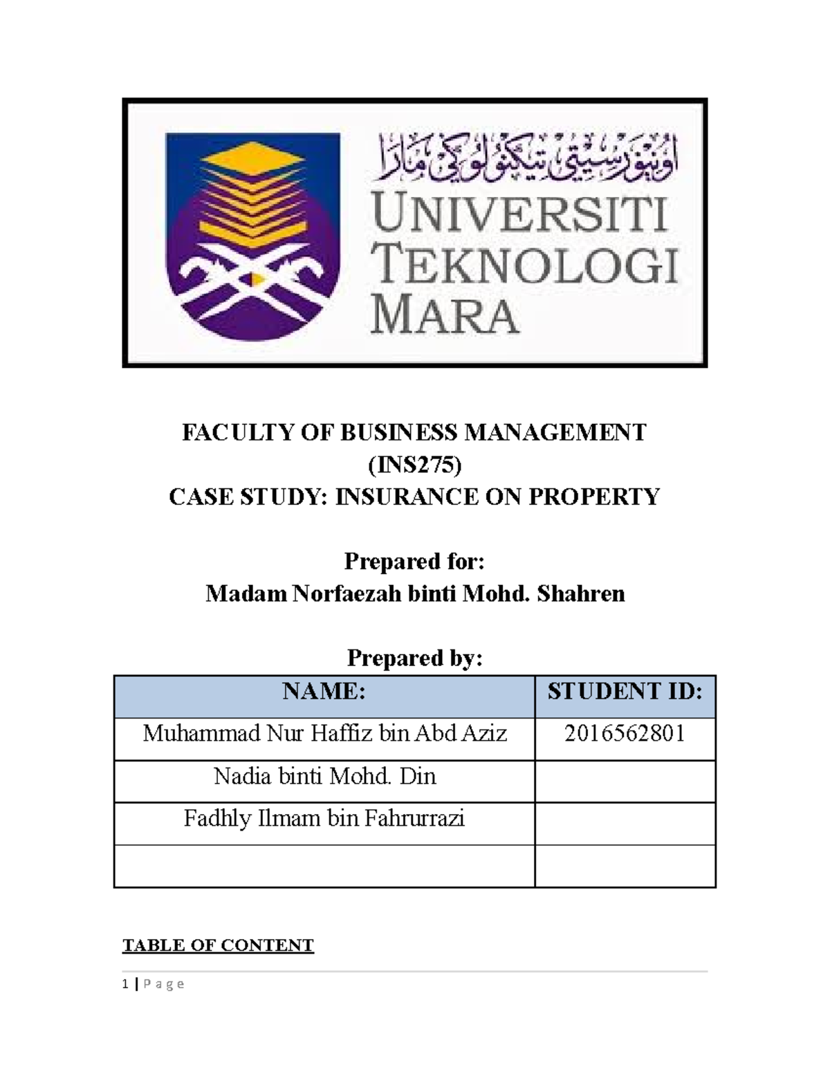 Case study Introduction to Risk & Insurance (INS200) - FACULTY OF BUSINESS MANAGEMENT (INS275 ...