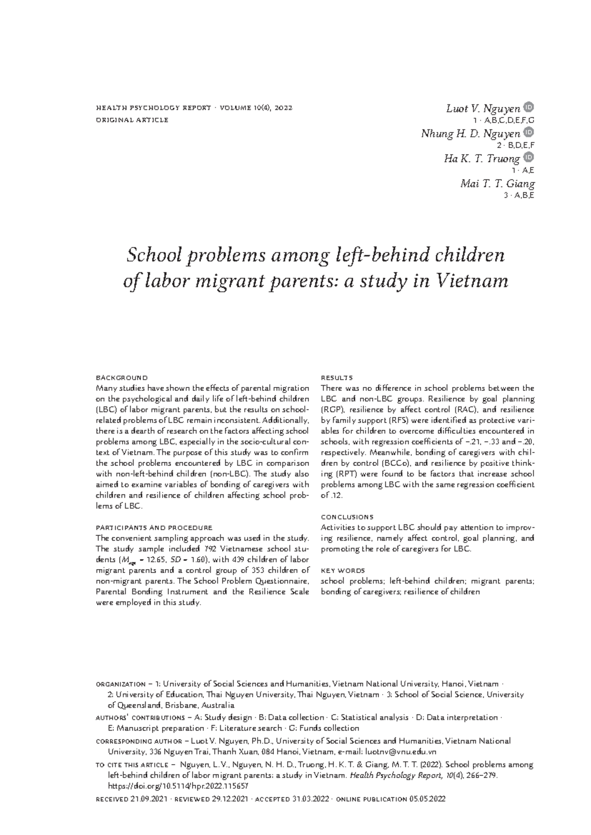 School Problems Among Children of Labor Migrant Parents in Vietnam: HPR ...