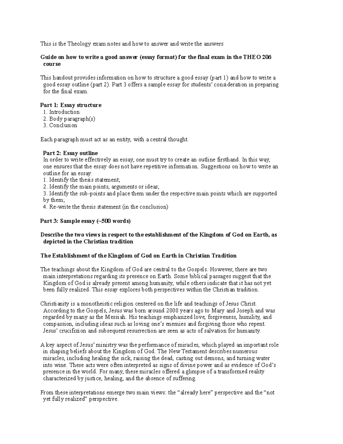 THEO 206 - Final Exam Essay Writing Guide and Notes for Lessons 7 & 9 ...