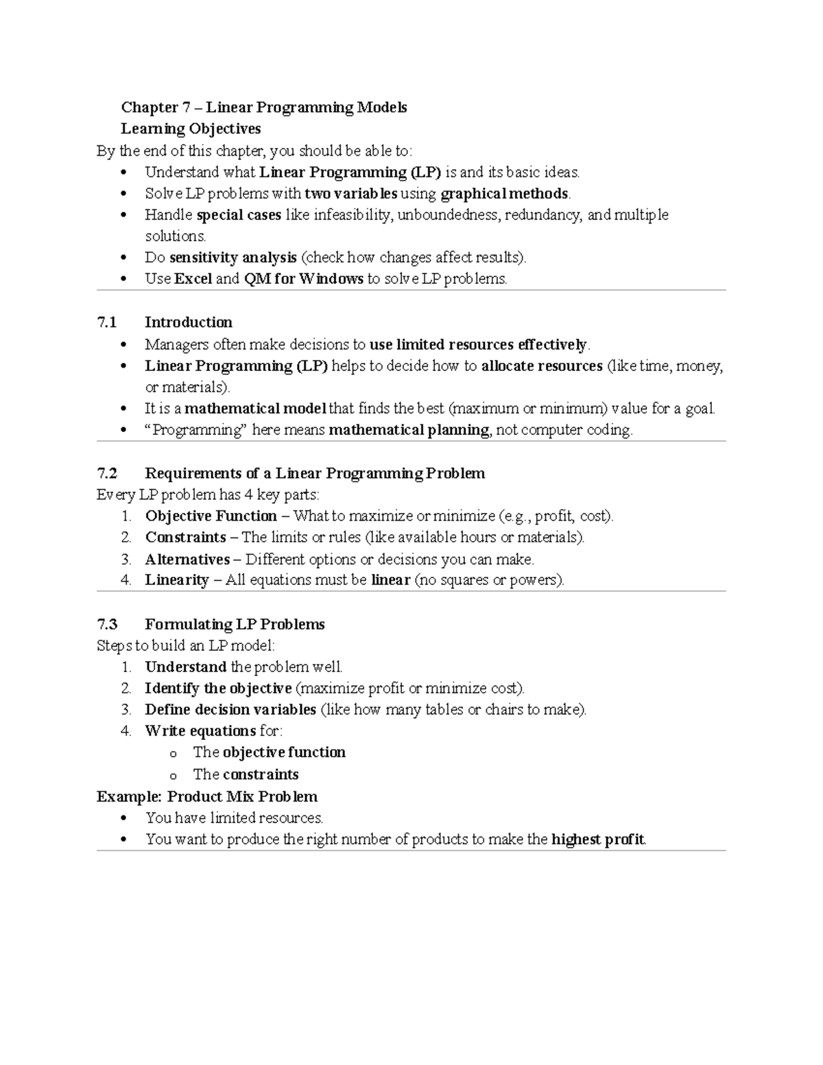 Chapter 7: Linear Programming Models - Learning Objectives (LP) - Studocu