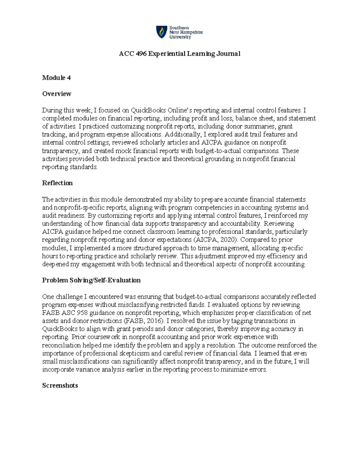 ACC 496 Experiential Learning Journal: Module 4 Insights on Nonprofit ...