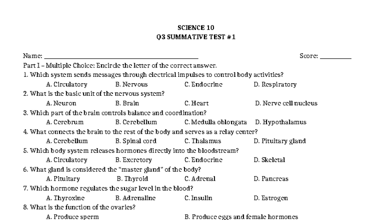 SUMMATIVE TEST SCIENCE 10 Q3: Nervous & Endocrine Systems - Studocu