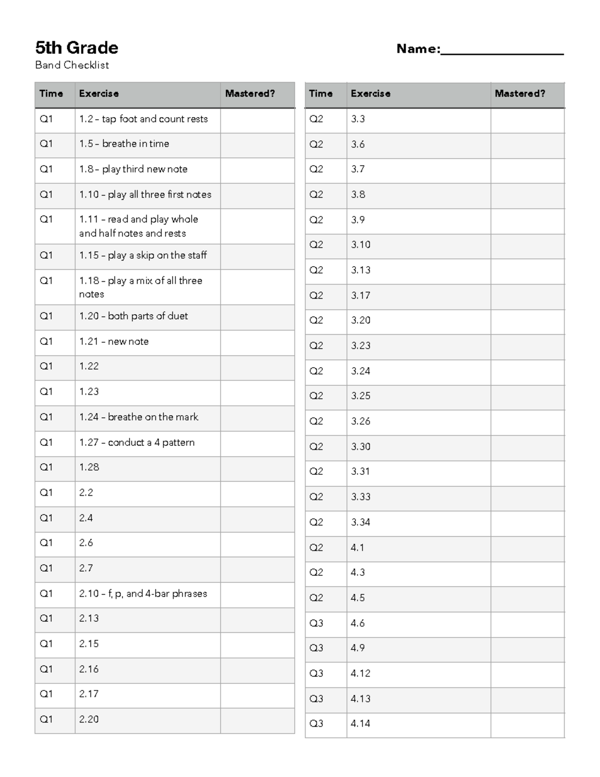 5th Grade Band Checklist (final) - 5th Grade Band Checklist Time ...