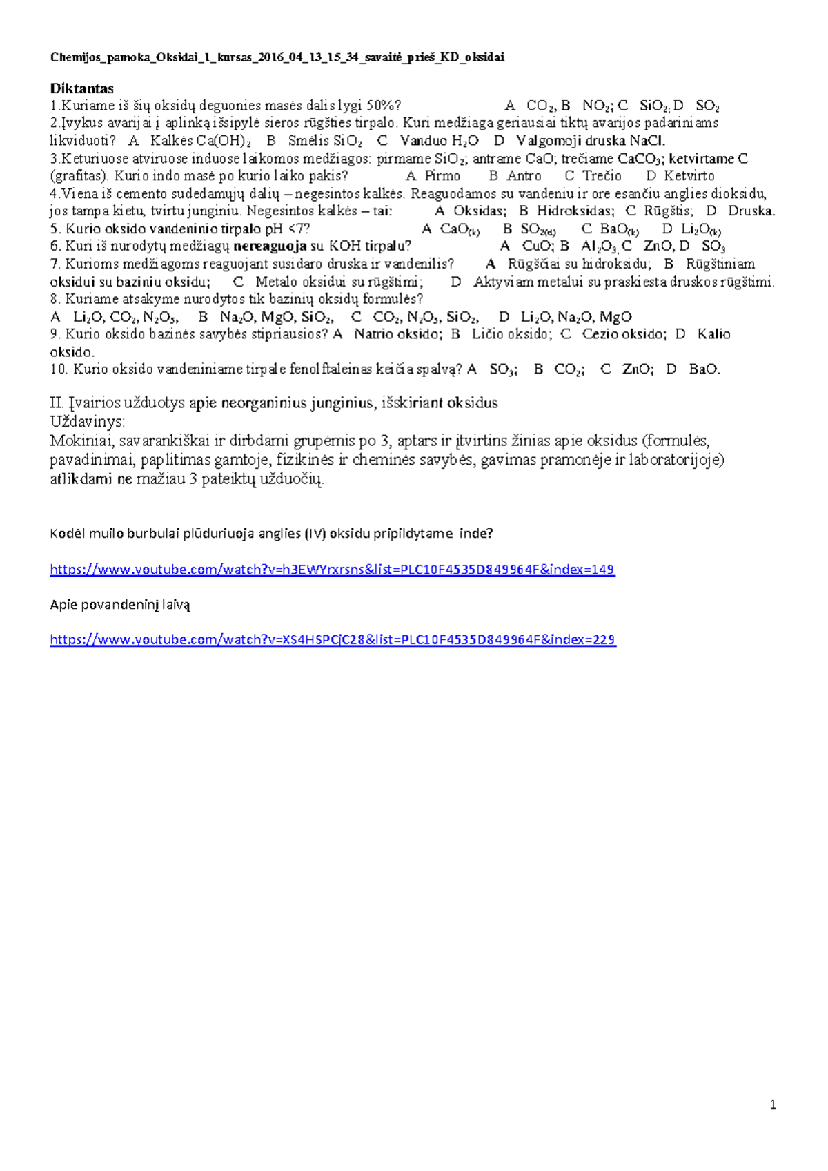Chemijos pamoka Oksidai: Žinių taikymo užduotys, 1 kursas 2016 04 21 ...