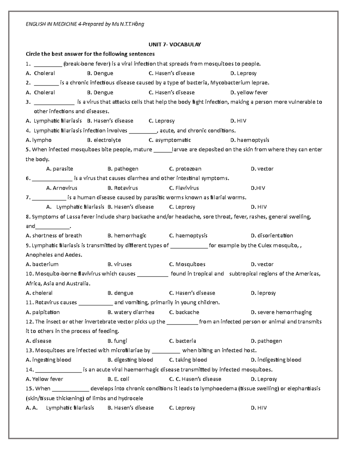 ENGLISH IN MEDICINE: UNIT 7 - Vocabulary Quiz on Infectious Diseases ...