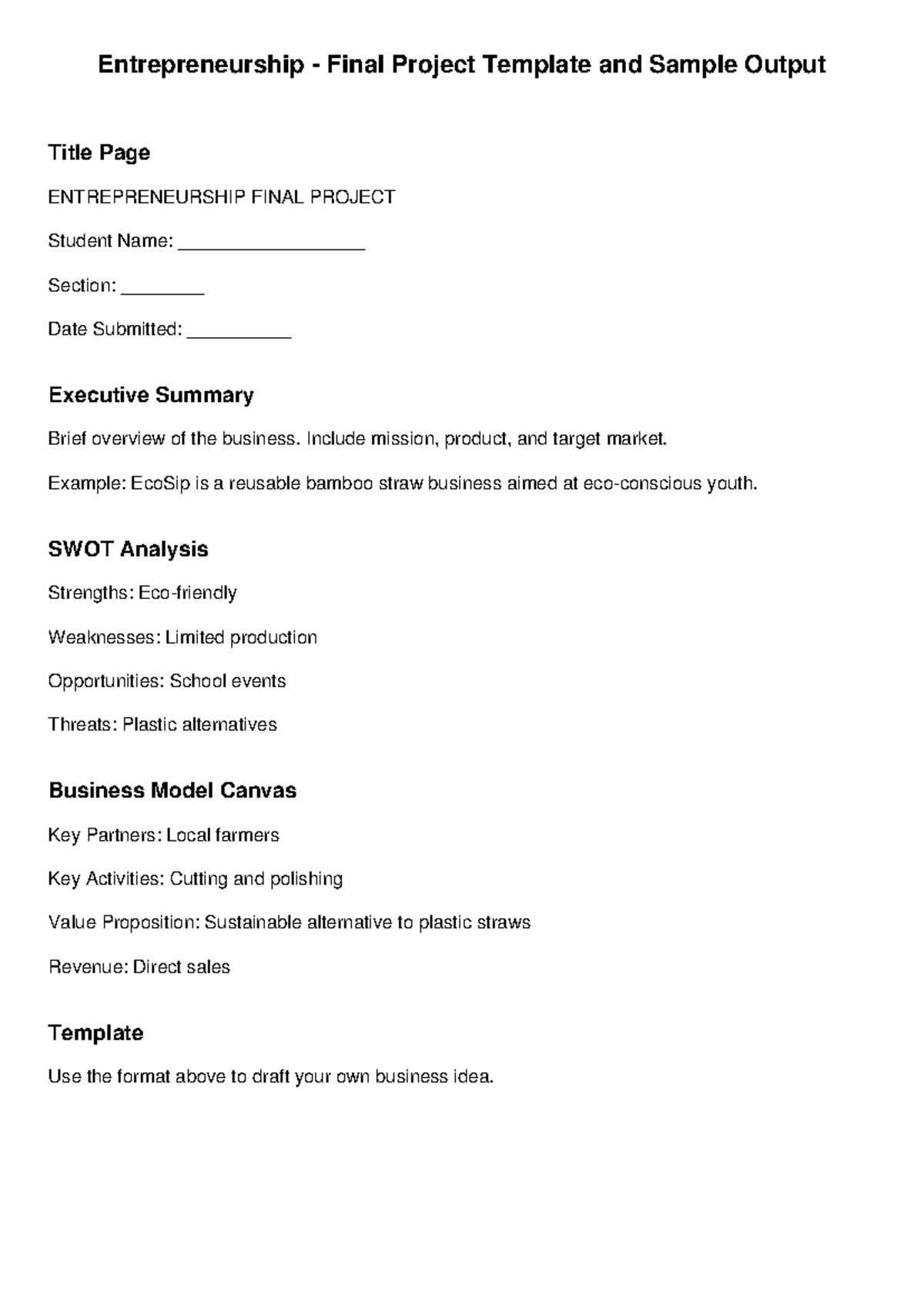 Entrepreneurship Project Template - Entrepreneurship - Final Project ...