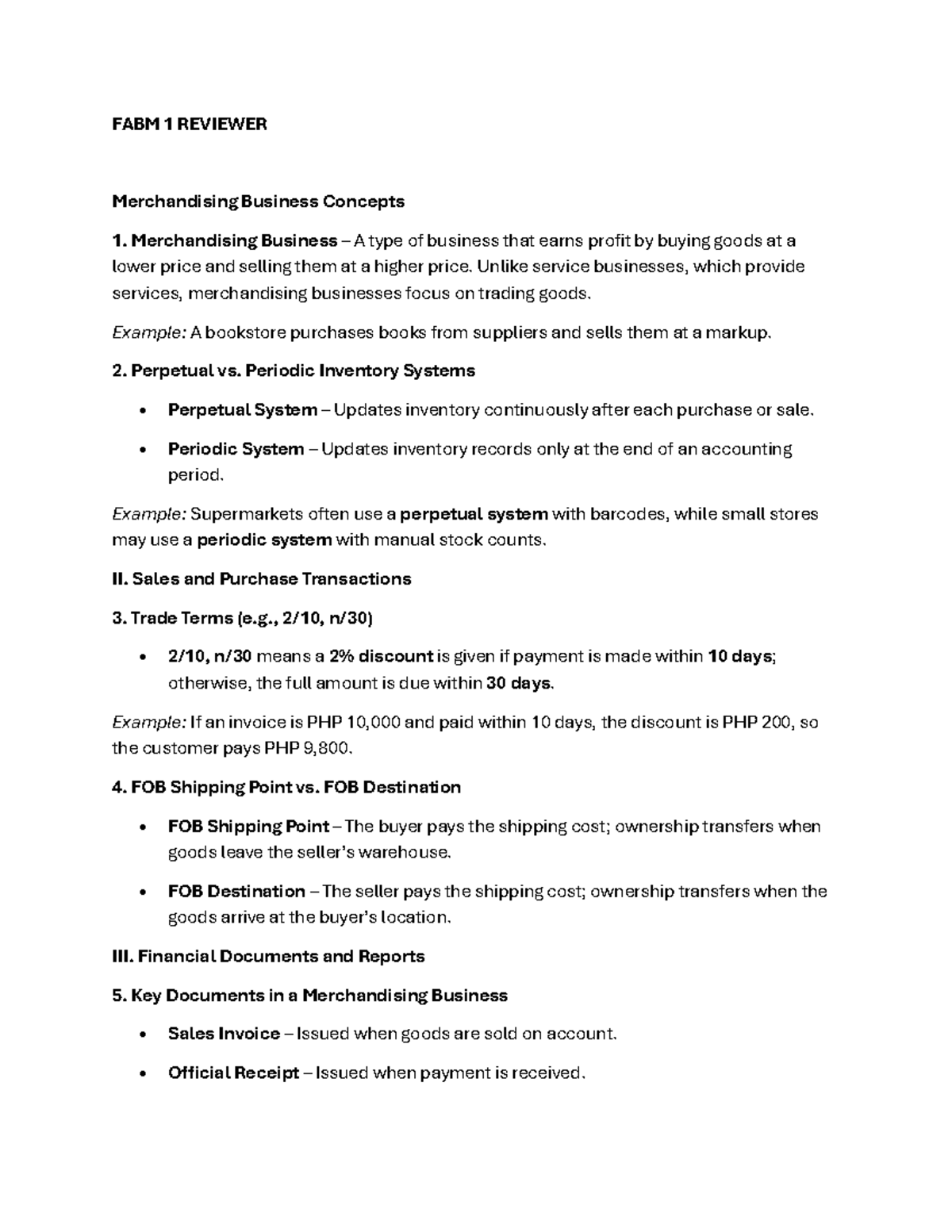 FABM 1 4TH Quarter Merchandising Concepts Reviewer - Studocu