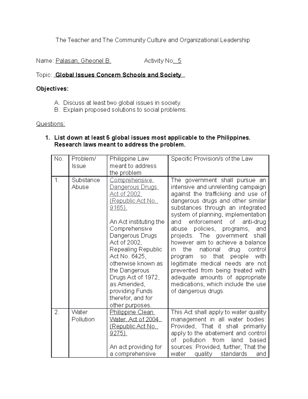 Worksheet - 5 Global Issues Concern Schools and Society - The Teacher ...
