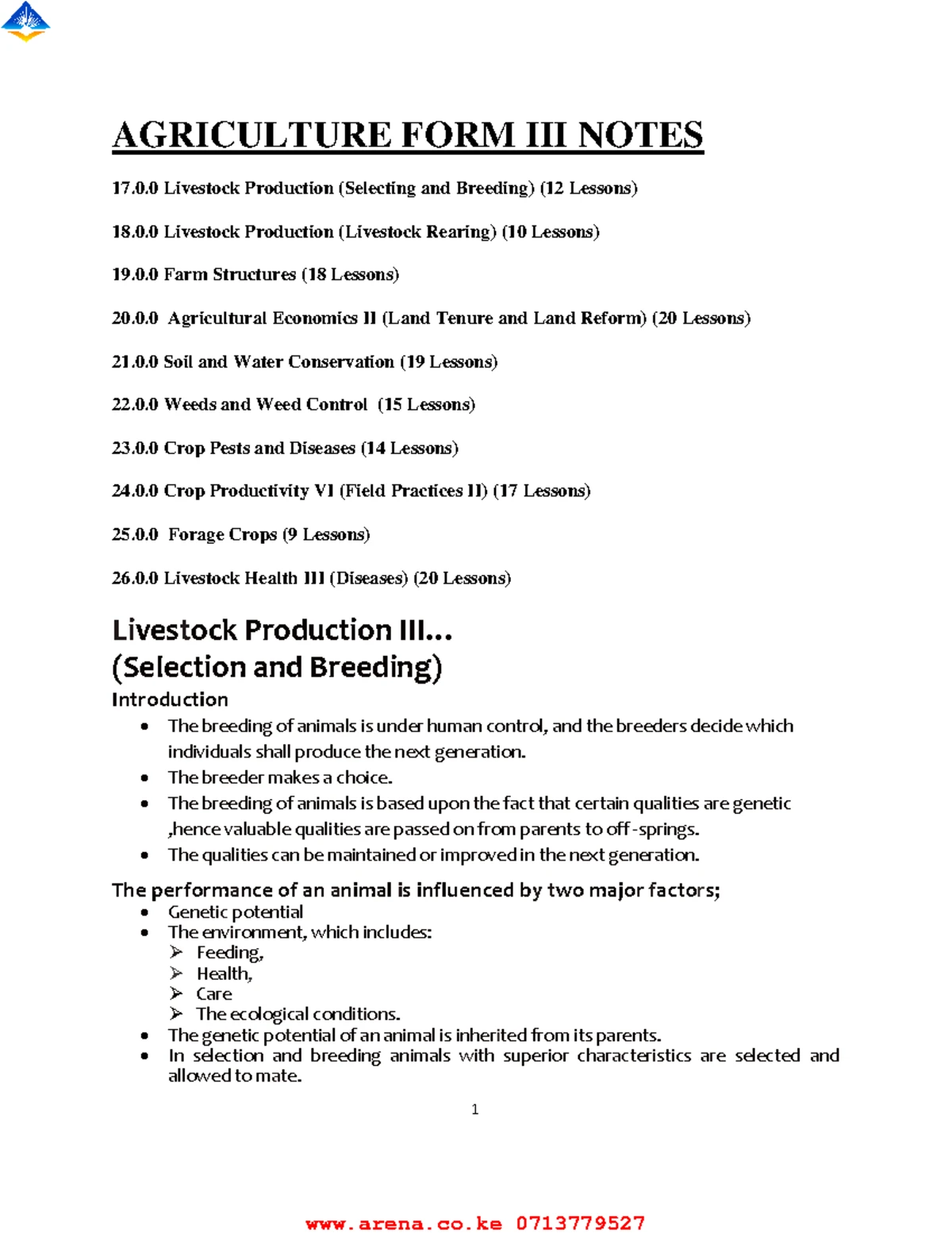 Agriculture FORM 4 Notes - 1 AGRICULTURE FORM IV NOTES 27.0 Livestock ...