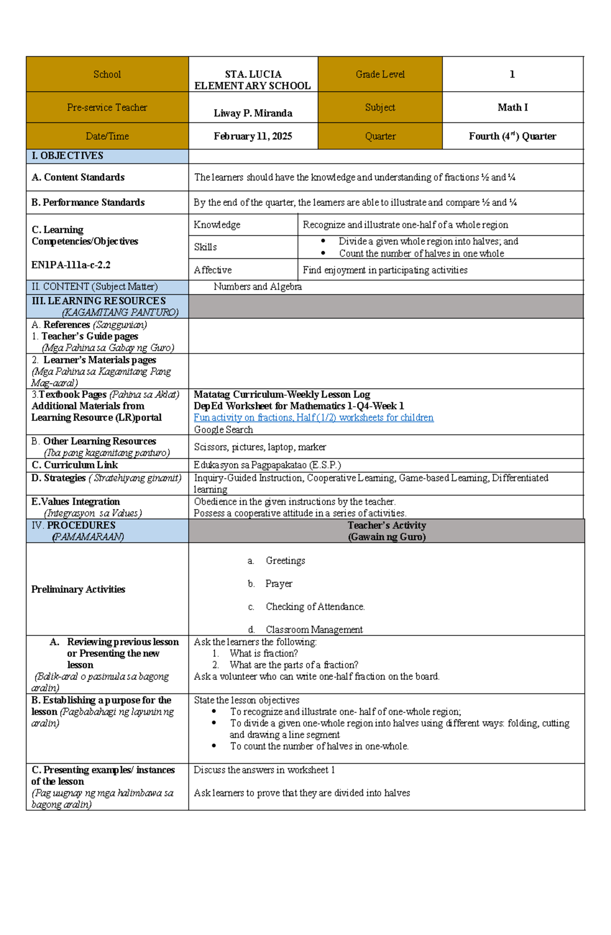 LP2 - Lesson Plan on Fractions in Math I for Grade 1 - Studocu