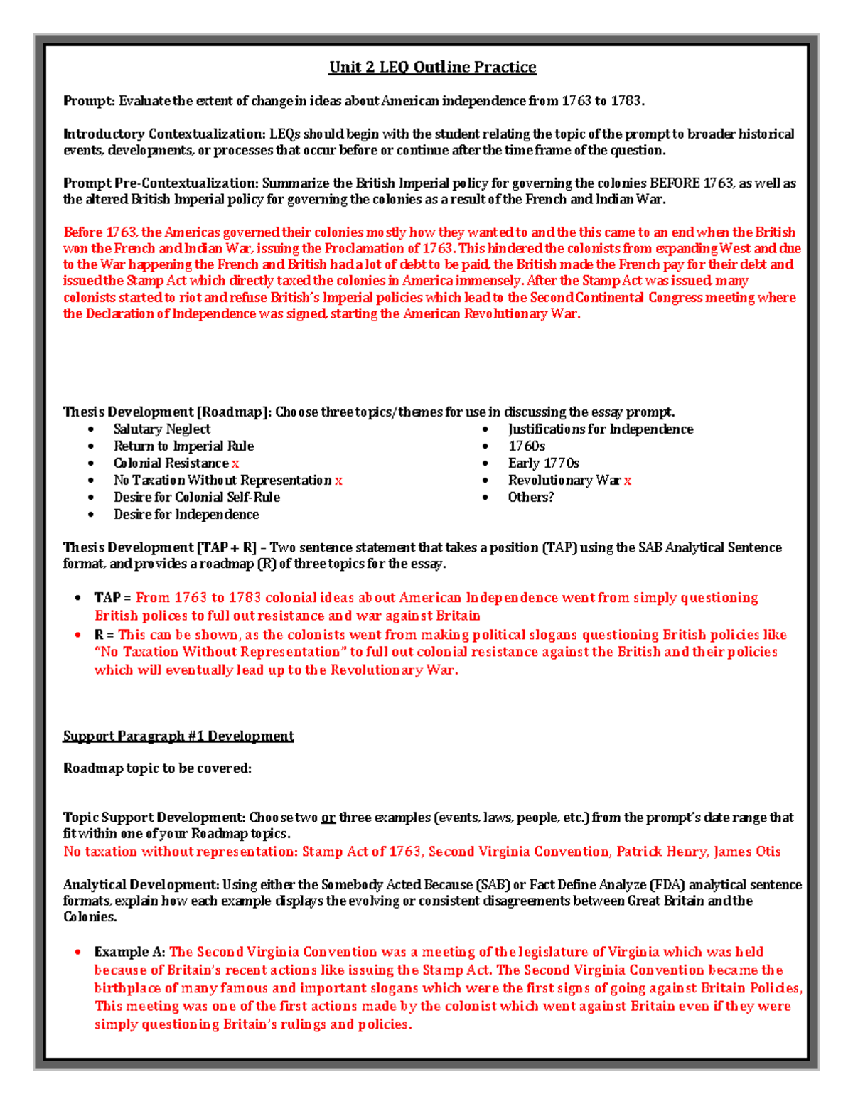 Unit 2 LEQ Outline: Change in Ideas on American Independence (1763-1783 ...