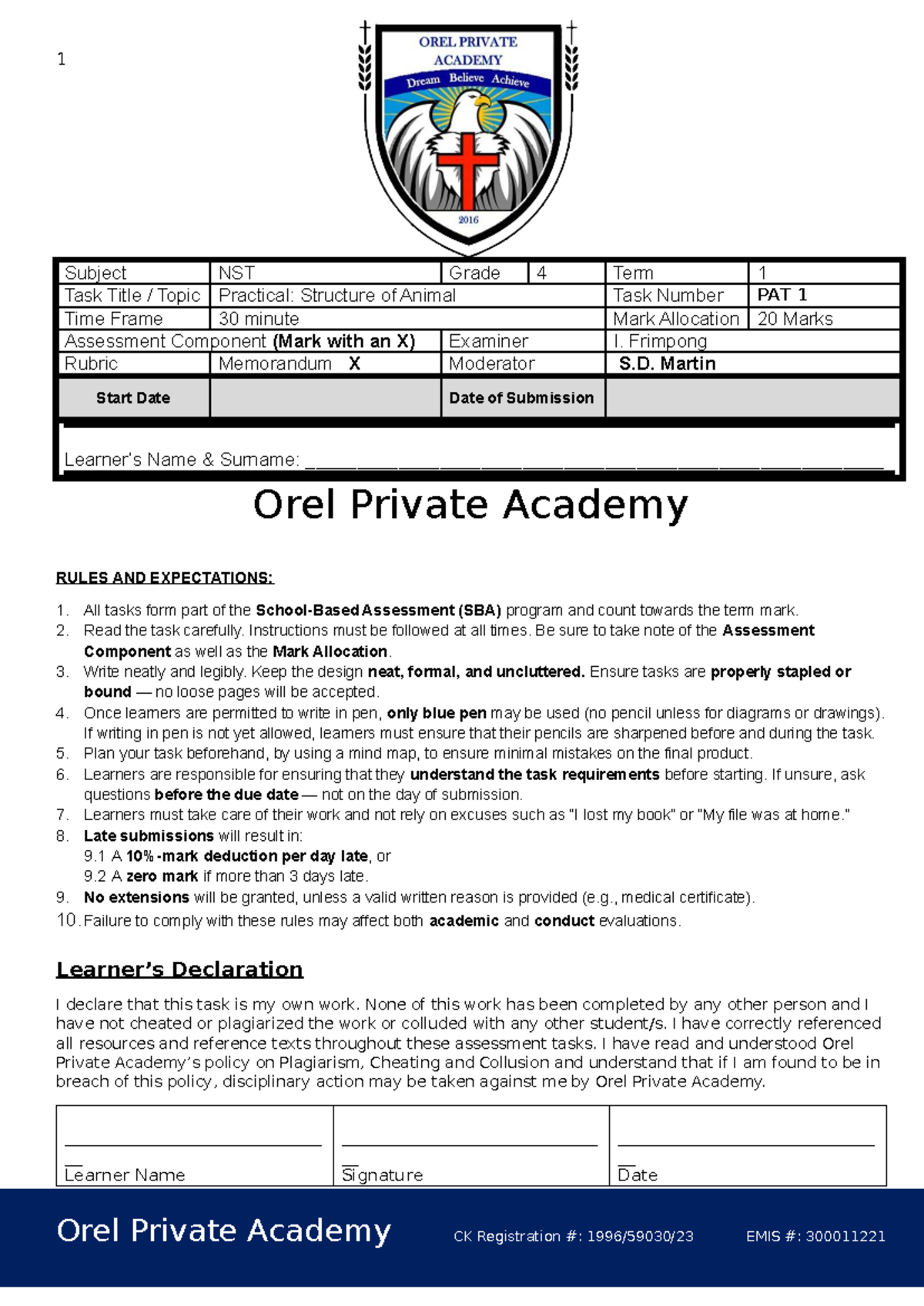 G4 NST Term 1 PAT 1: Practical on Animal Structure - Studocu