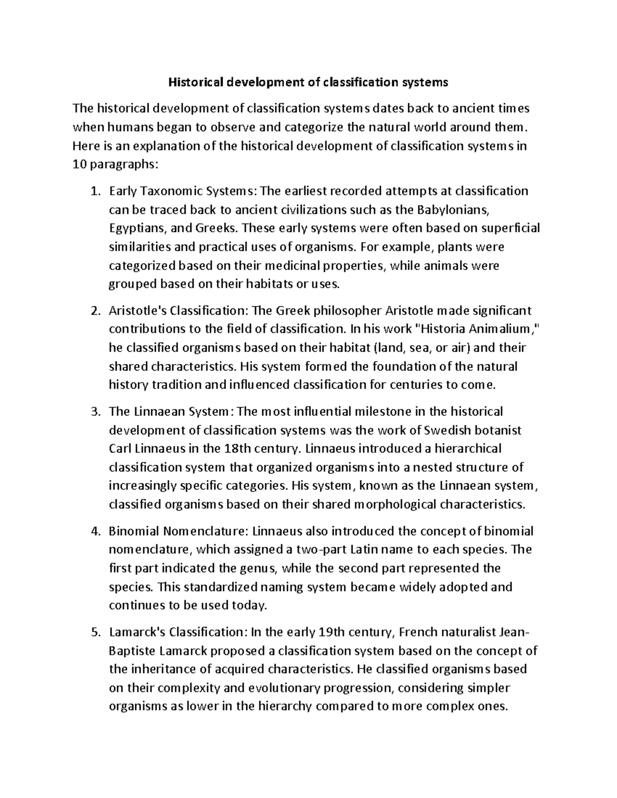 Historical development of classification systems - Here is an ...