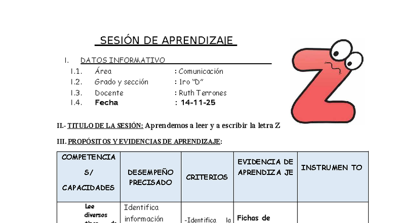 SESION DE APRENDIZAJE I: Aprendemos la Letra Z en 1ro - Studocu